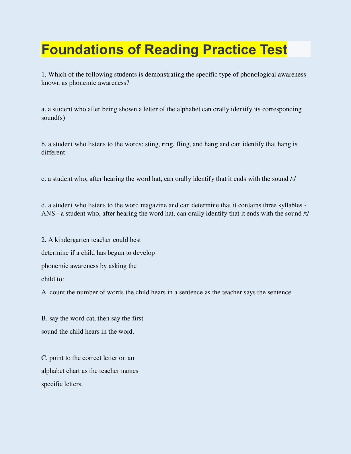 Foundations of Reading Practice Test | 100 Questions with 100% Correct ...