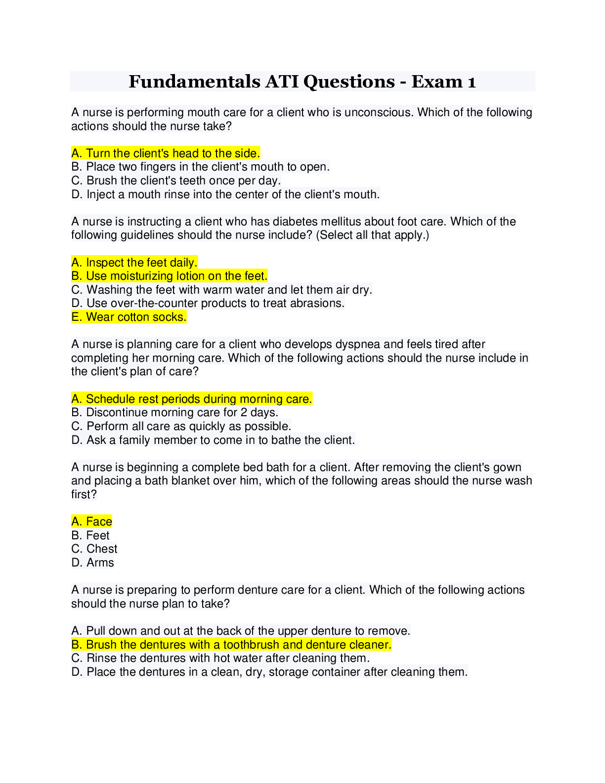 Fundamentals ATI Questions - Exam 1 Questions And Answers 2022/2023 ...