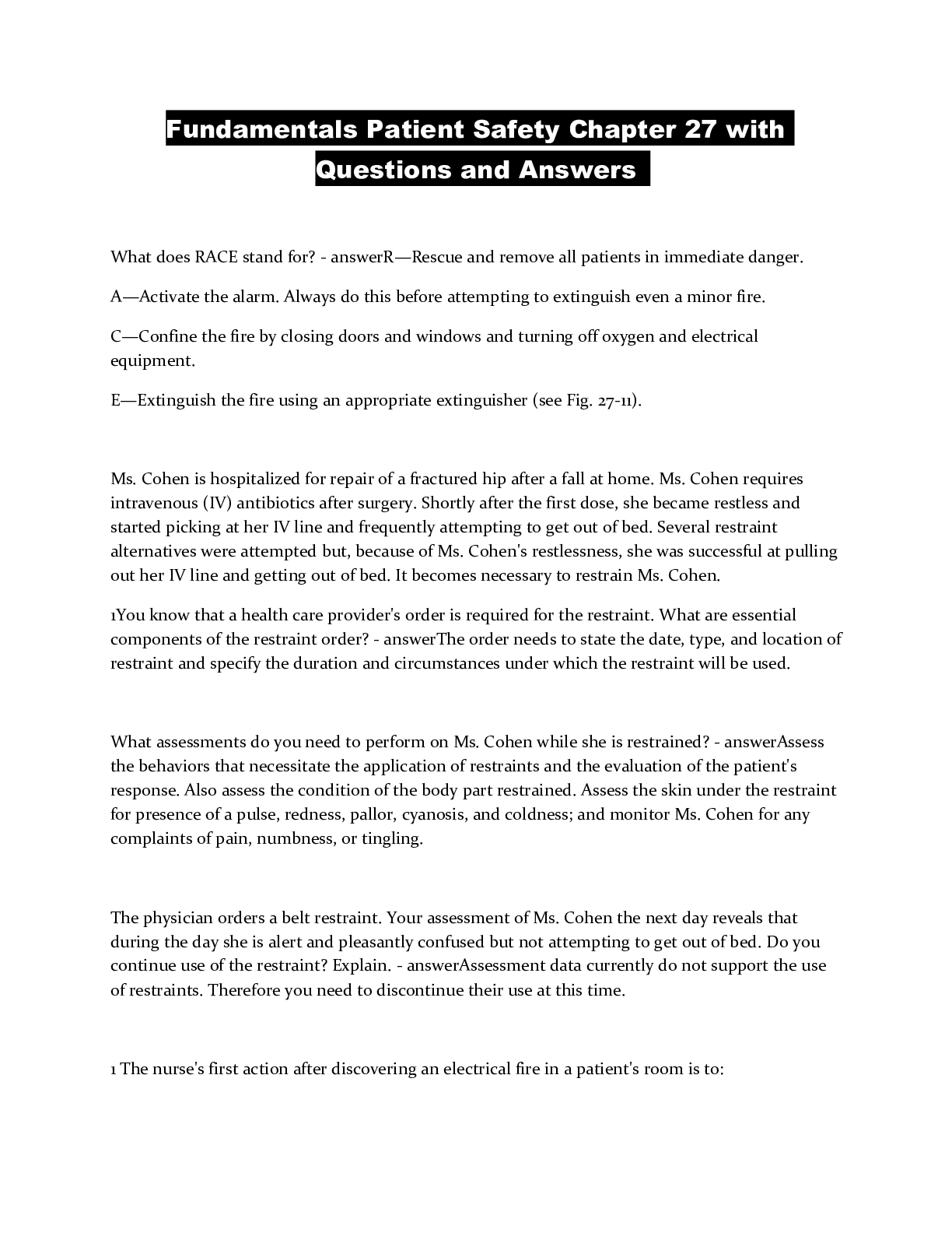 Fundamentals Patient Safety Chapter 27 with Questions and Answers ...