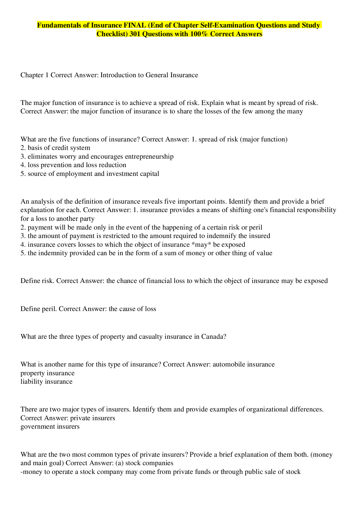 Fundamentals of Insurance FINAL (End of Chapter Self-Examination ...