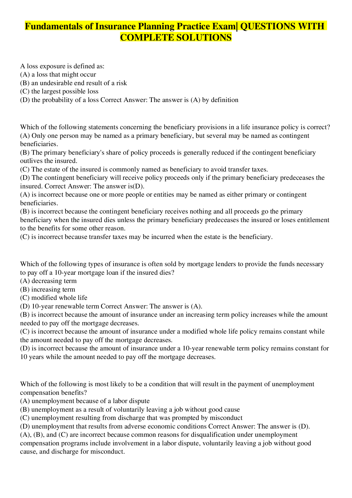 Fundamentals of Insurance Planning Practice Exam| QUESTIONS WITH ...