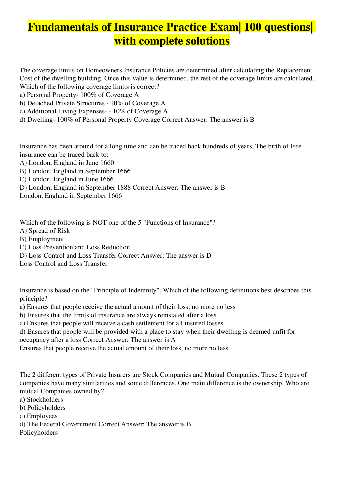 Fundamentals of Insurance Practice Exam| 100 questions| with complete ...