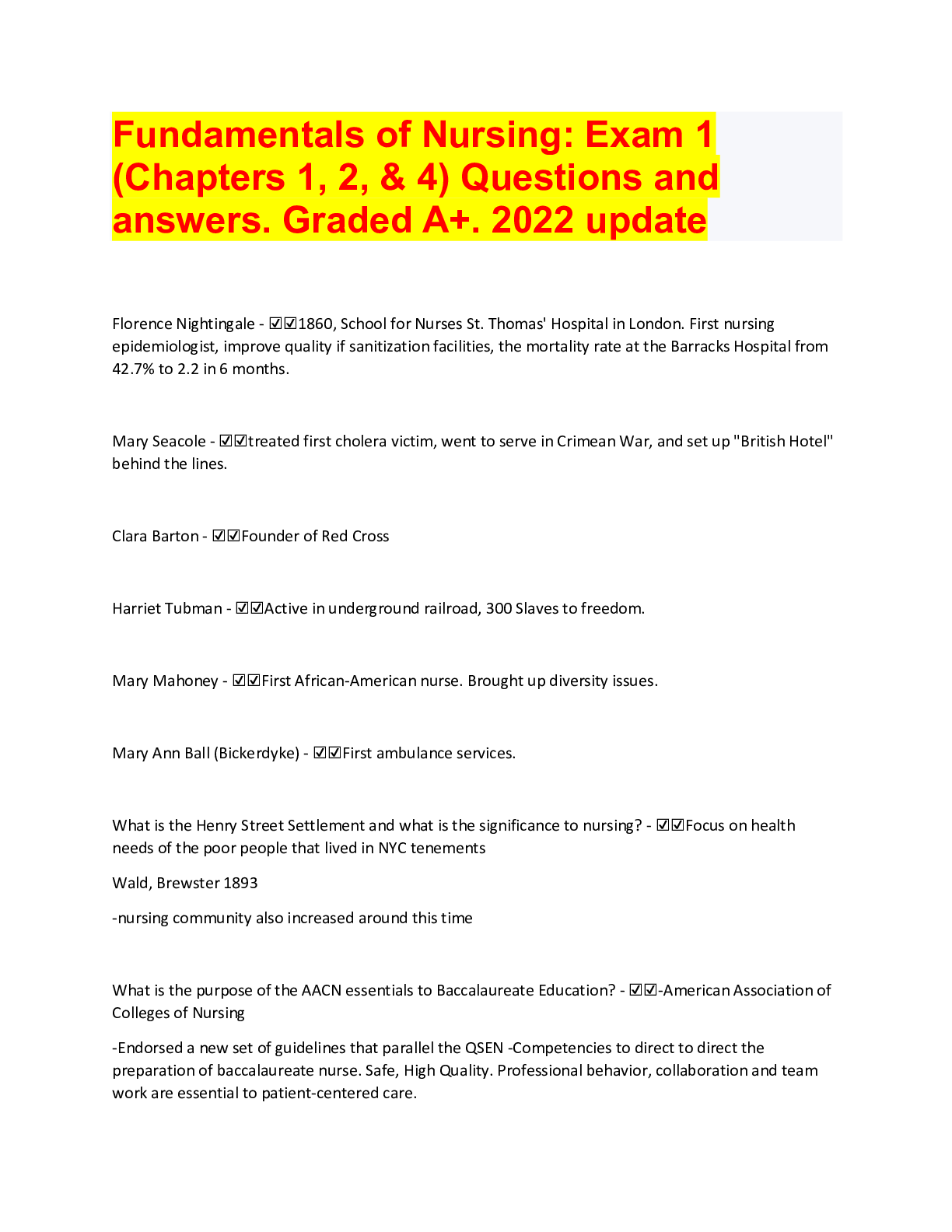 Fundamentals of Nursing: Exam 1 (Chapters 1, 2, & 4) Questions and ...