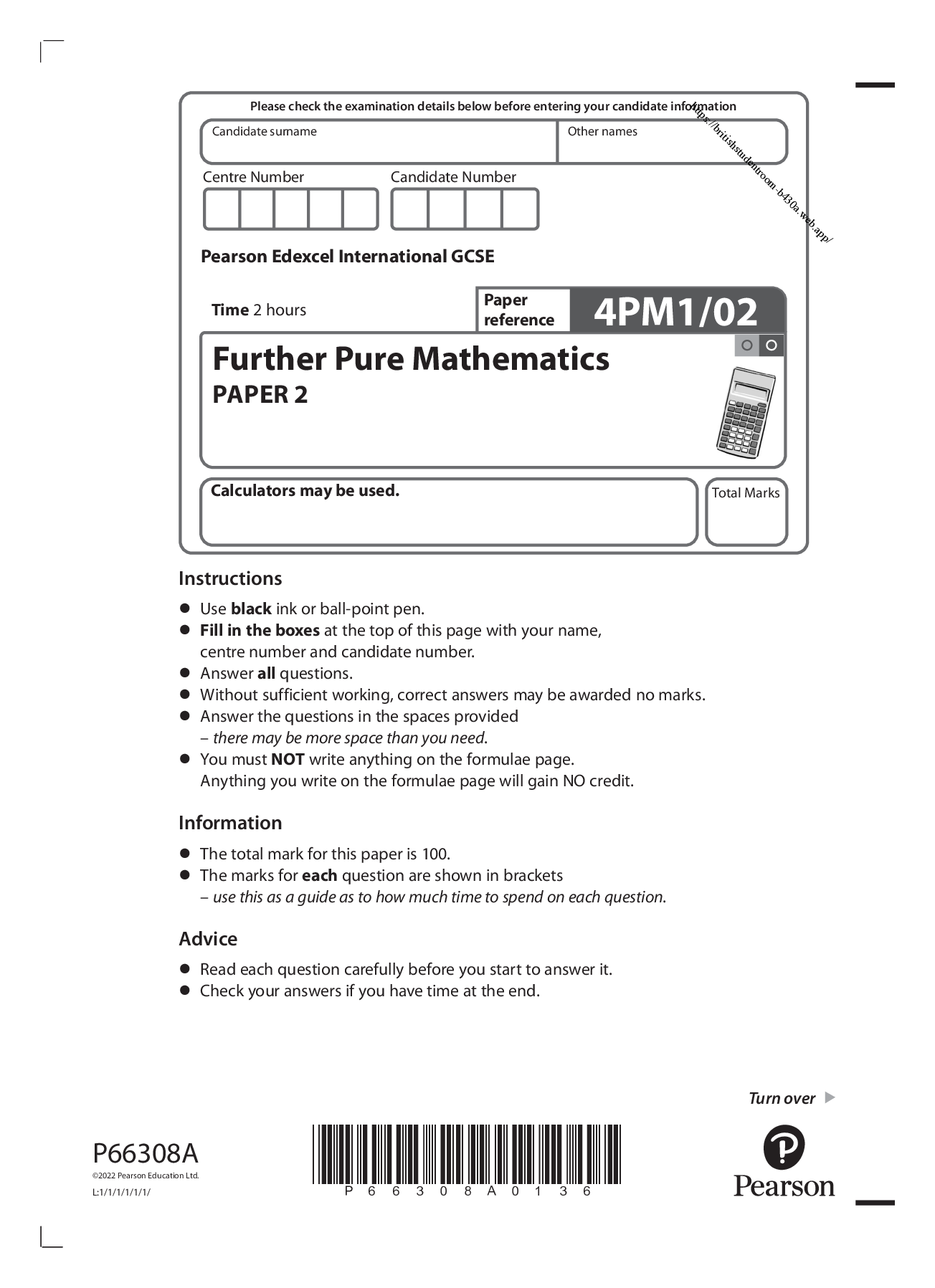 Pearson Edexcel International GCSE_Further Pure Mathematics_4PM1/02 ...