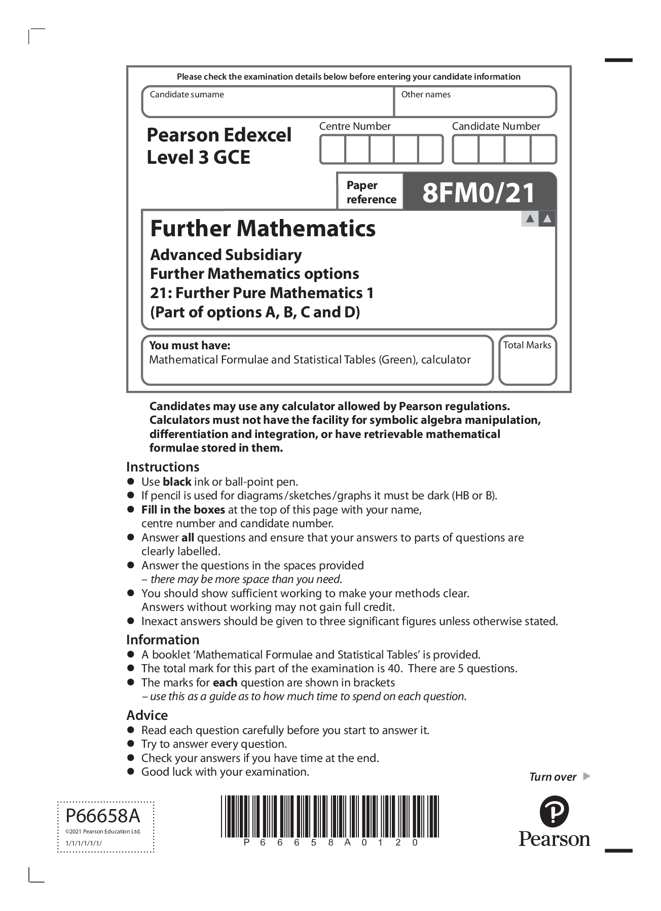 Pearson Edexcel_Further Mathematics_8FM0/21 Question Paper_2021 ...