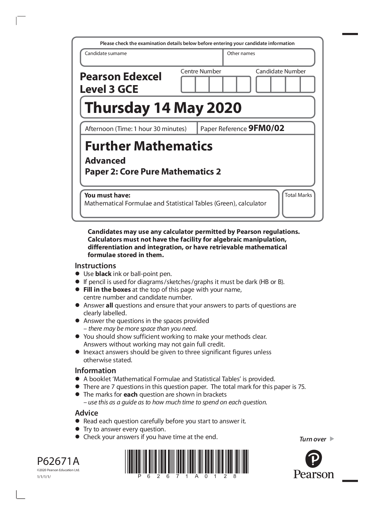 Pearson Edexcel_Further Mathematics_9FM0/02 Question Paper_2020 | Paper ...