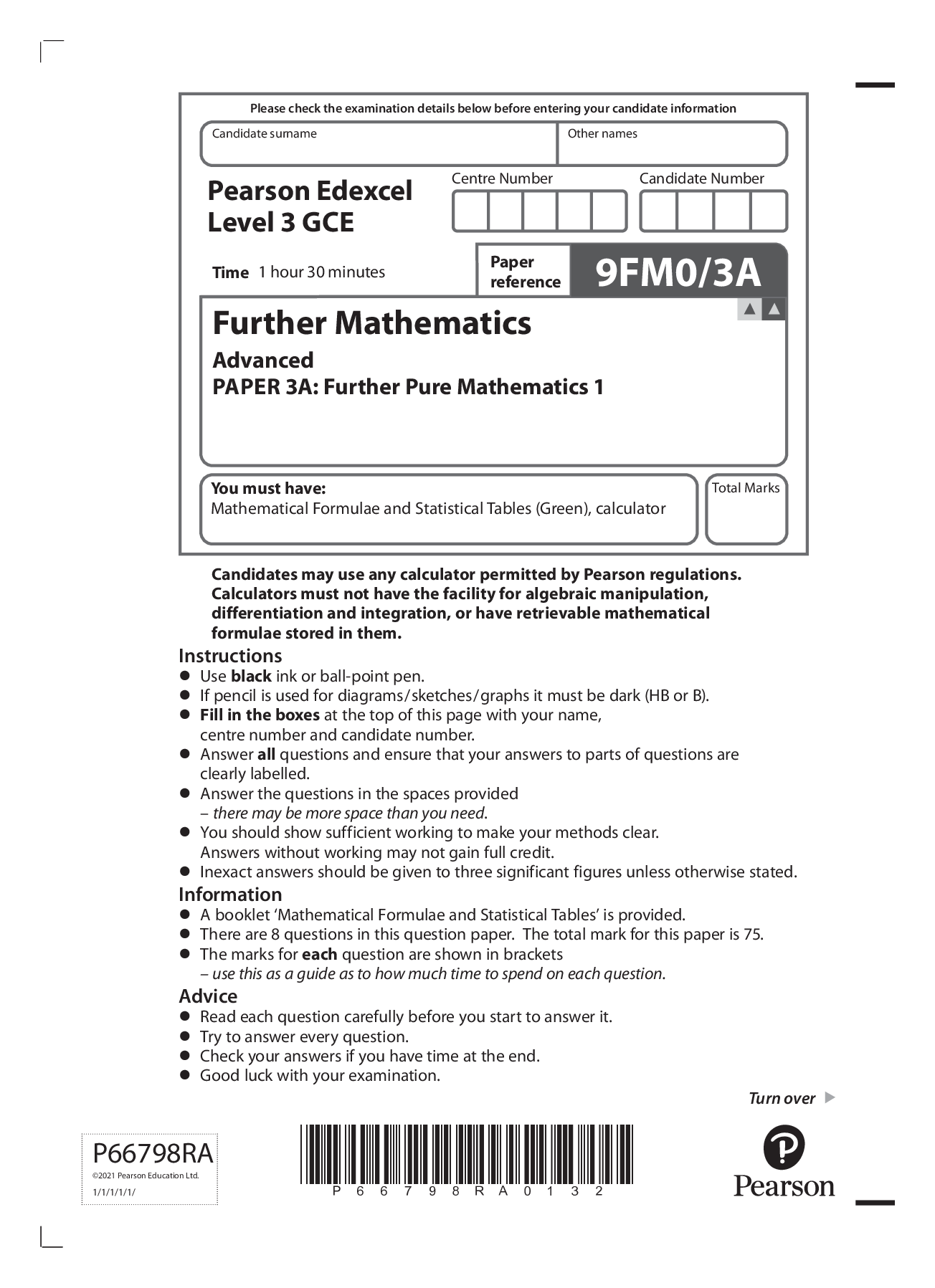 Pearson Edexcel_Further Mathematics_9FM0/3A Question Paper_2021 | PAPER ...