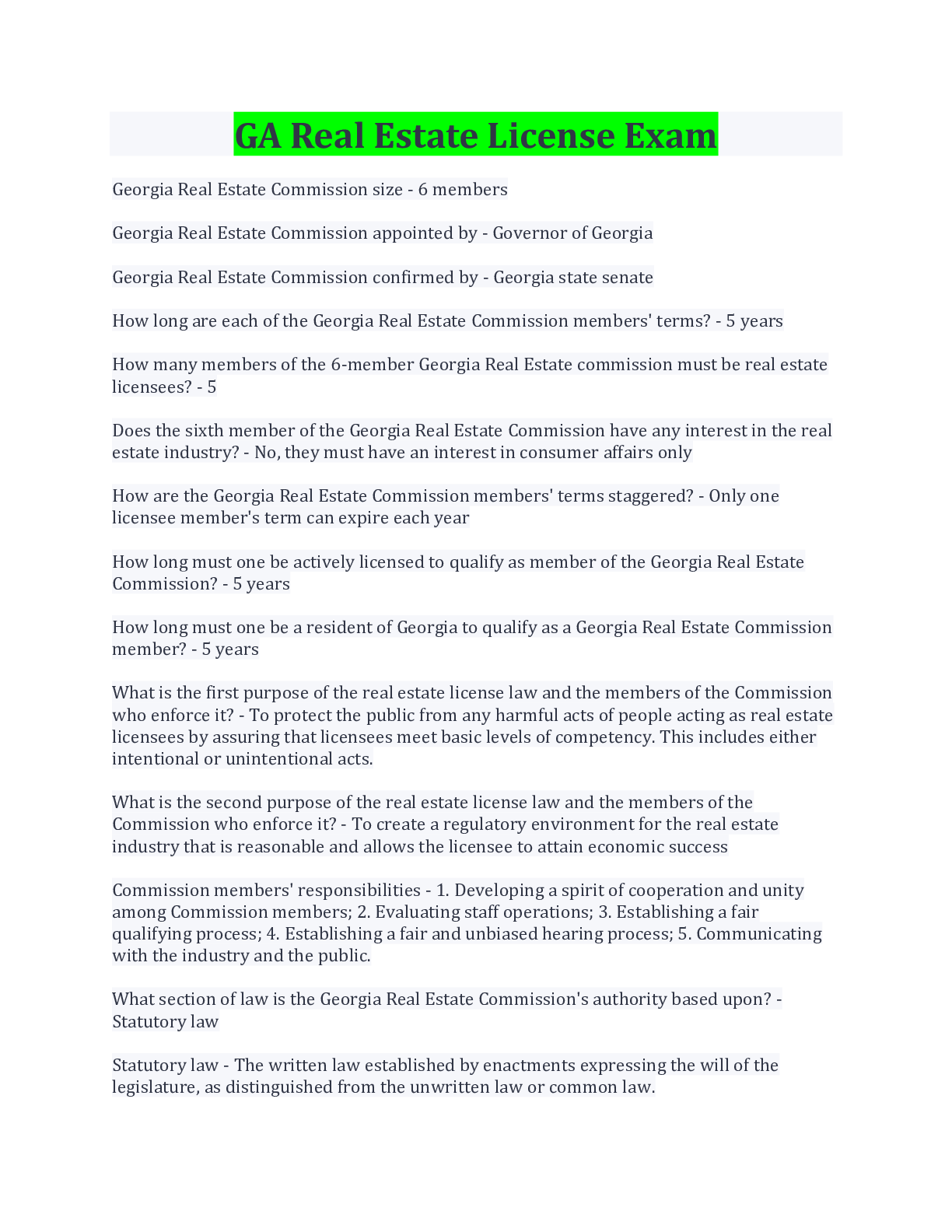 GA Real Estate License Exam Terms And Explanation With Complete ...