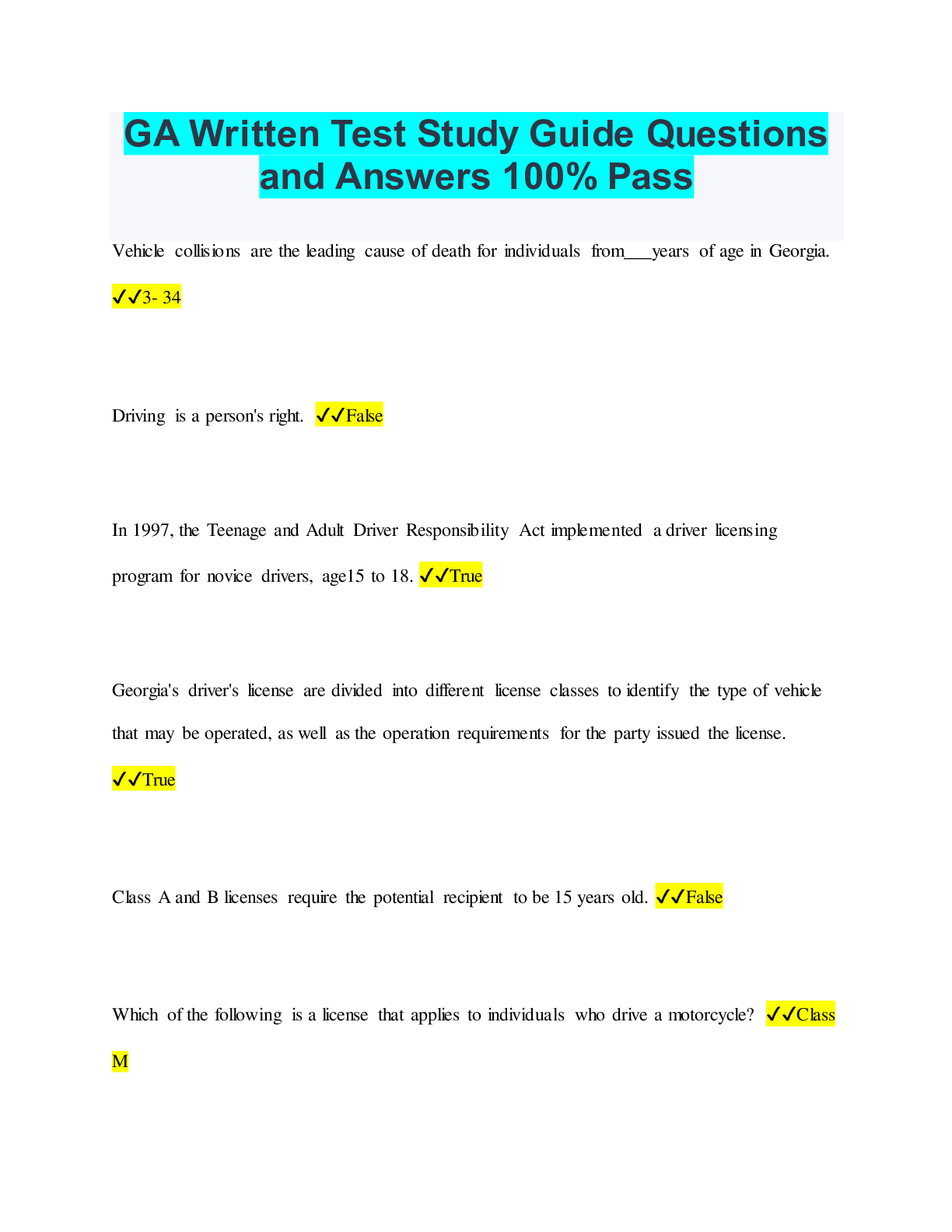 GA Written Test Study Guide Questions and Answers 100% Pass ...
