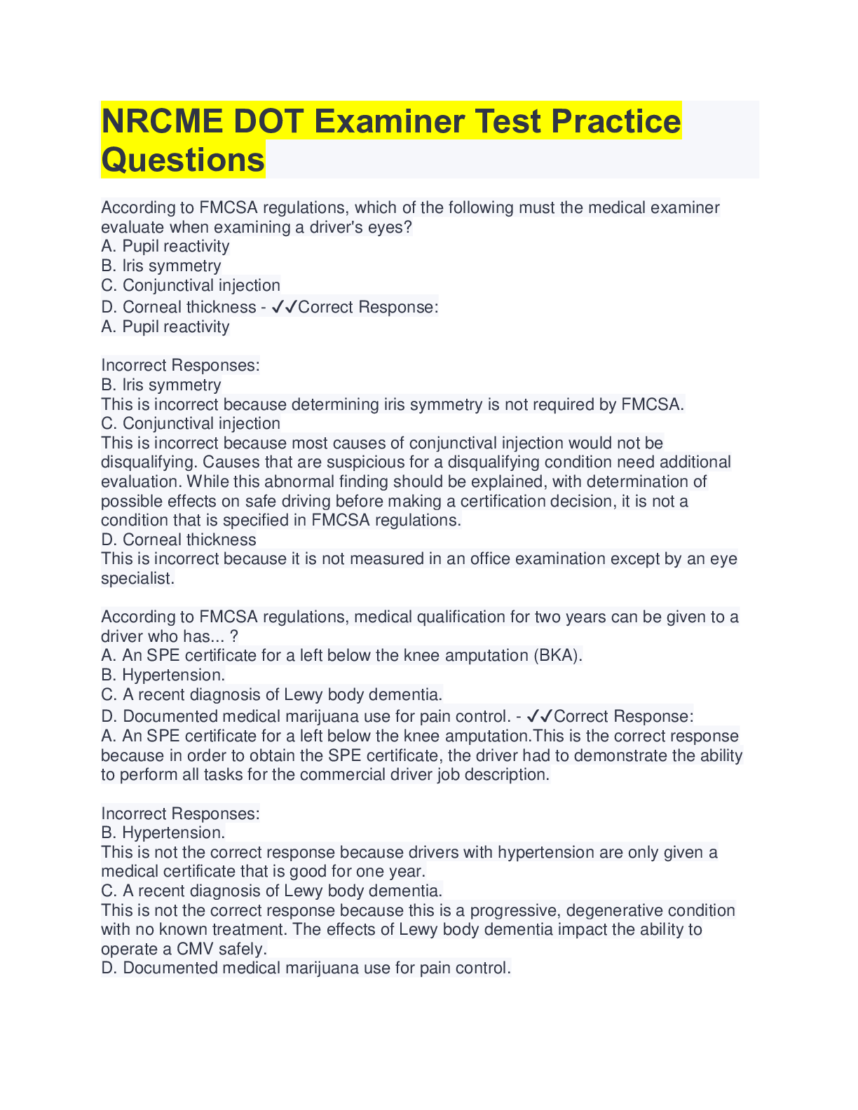 NRCME DOT Examiner Test Practice Questions( QUESTIONS WITH 100% ...