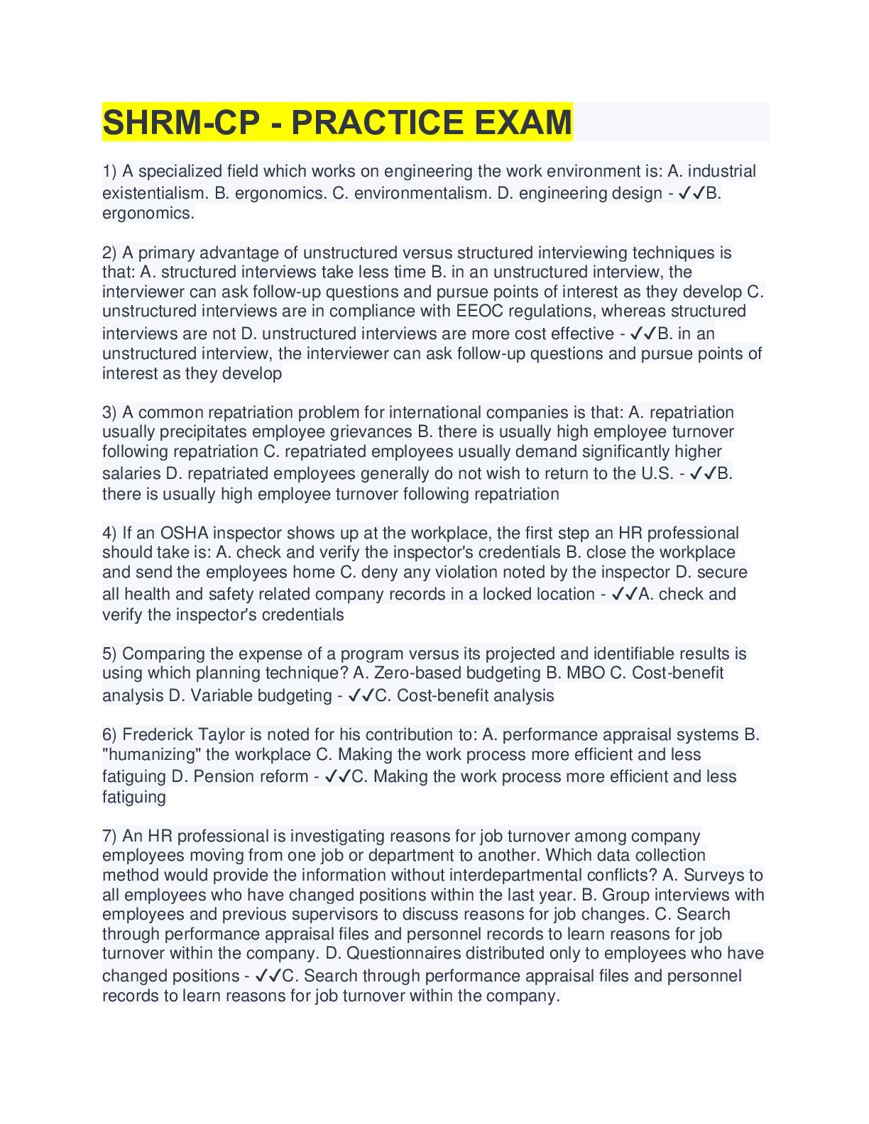 SHRM-CP - PRACTICE EXAM 2022 ( QUESTIONS WITH 100% VERIFIED CORRECT ...