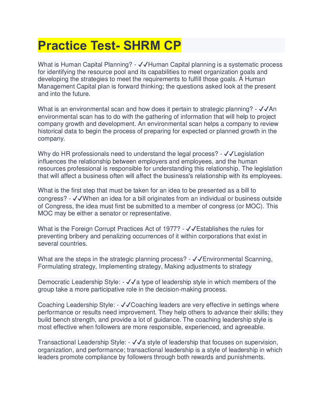 Practice Test- SHRM CP 2022 ( QUESTIONS WITH 100% VERIFIED CORRECT ...