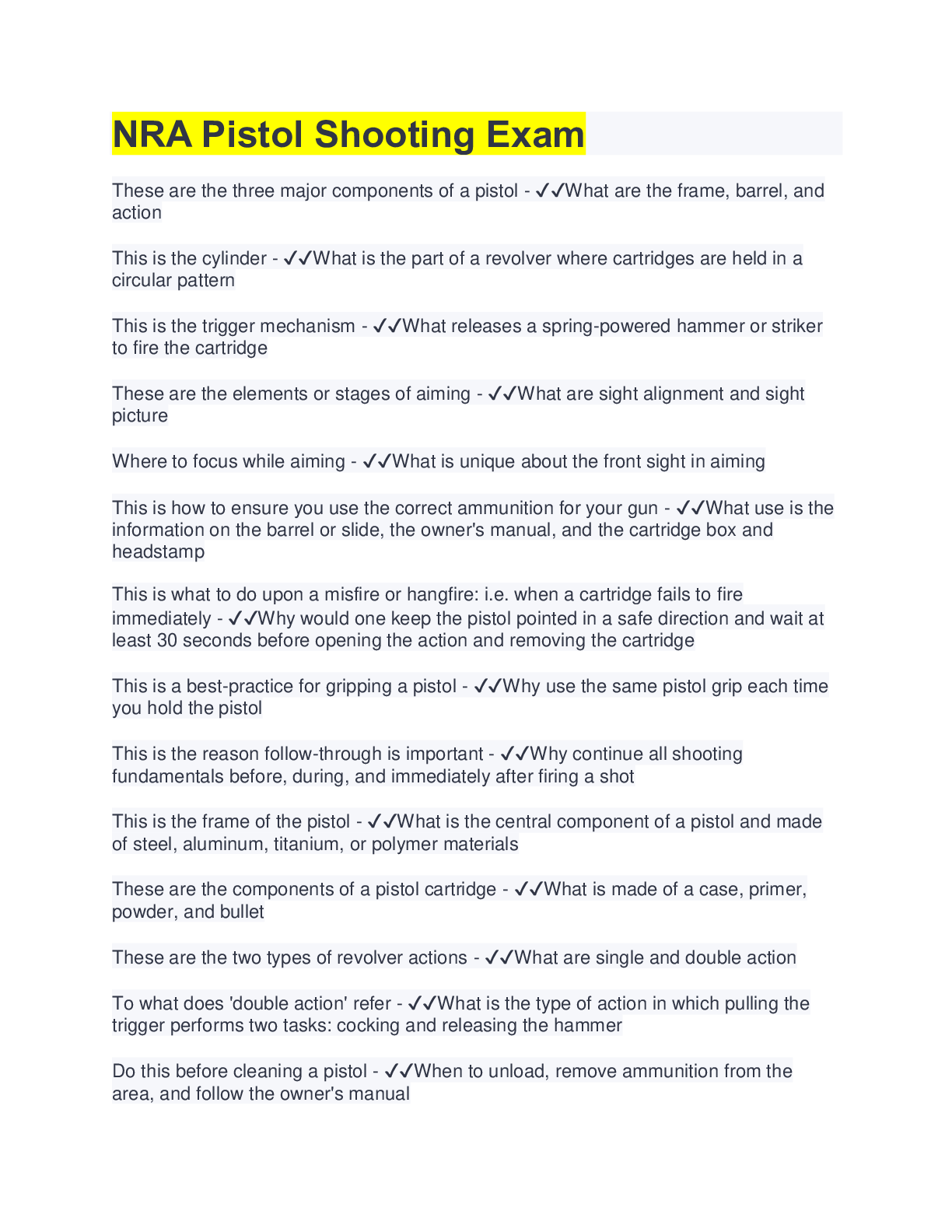 NRA Pistol Shooting Exam2022 ( WITH QUESTIONS & 100% VERIFIED CORRECT ...