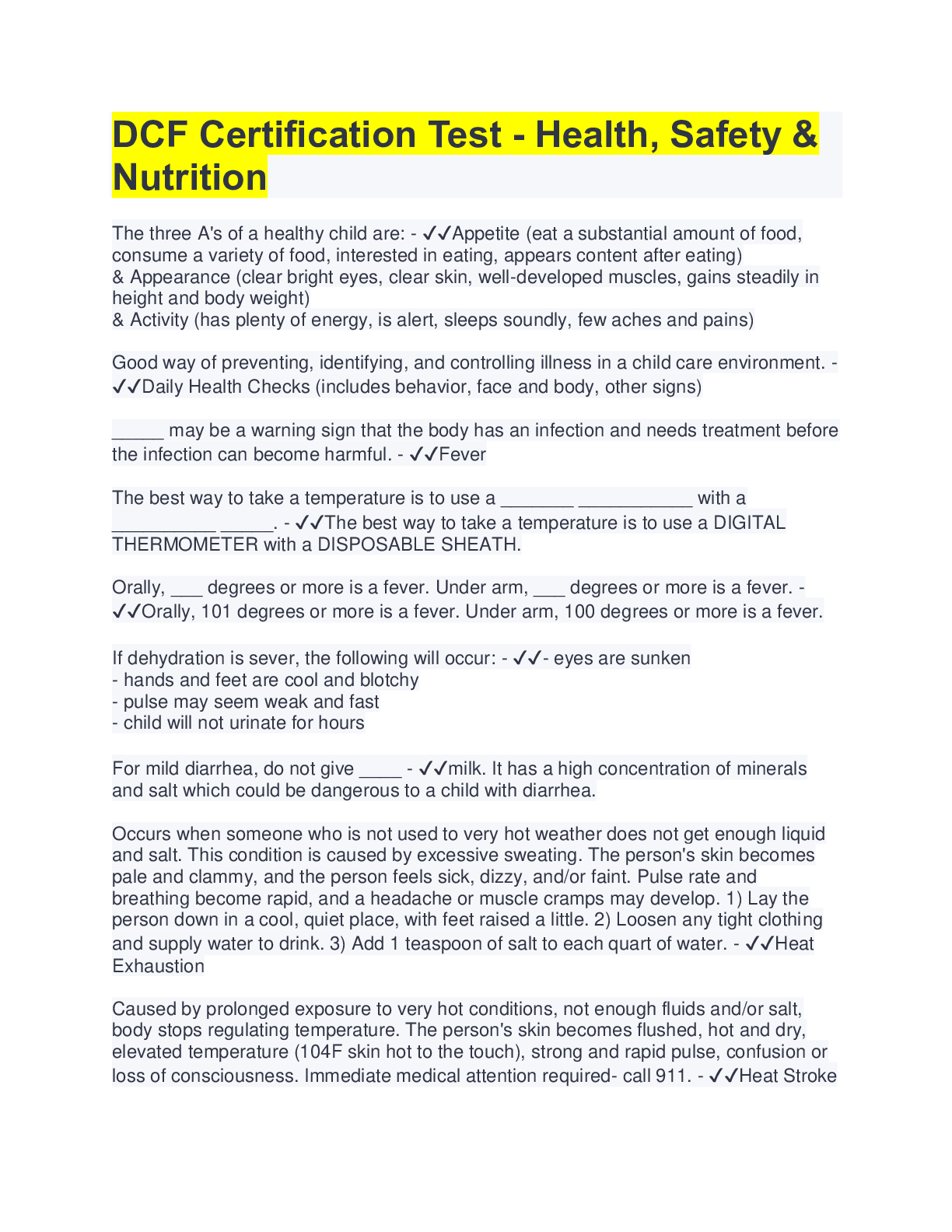DCF Certification Test - Health, Safety & Nutrition(questions & answers ...