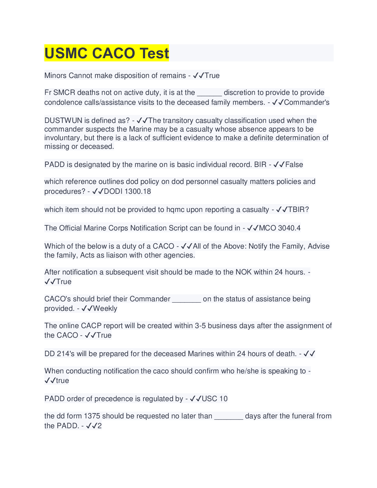 USMC CACO Test 2022 QUESTIONS & ANSWERS 100% CORRECT - Scholarfriends