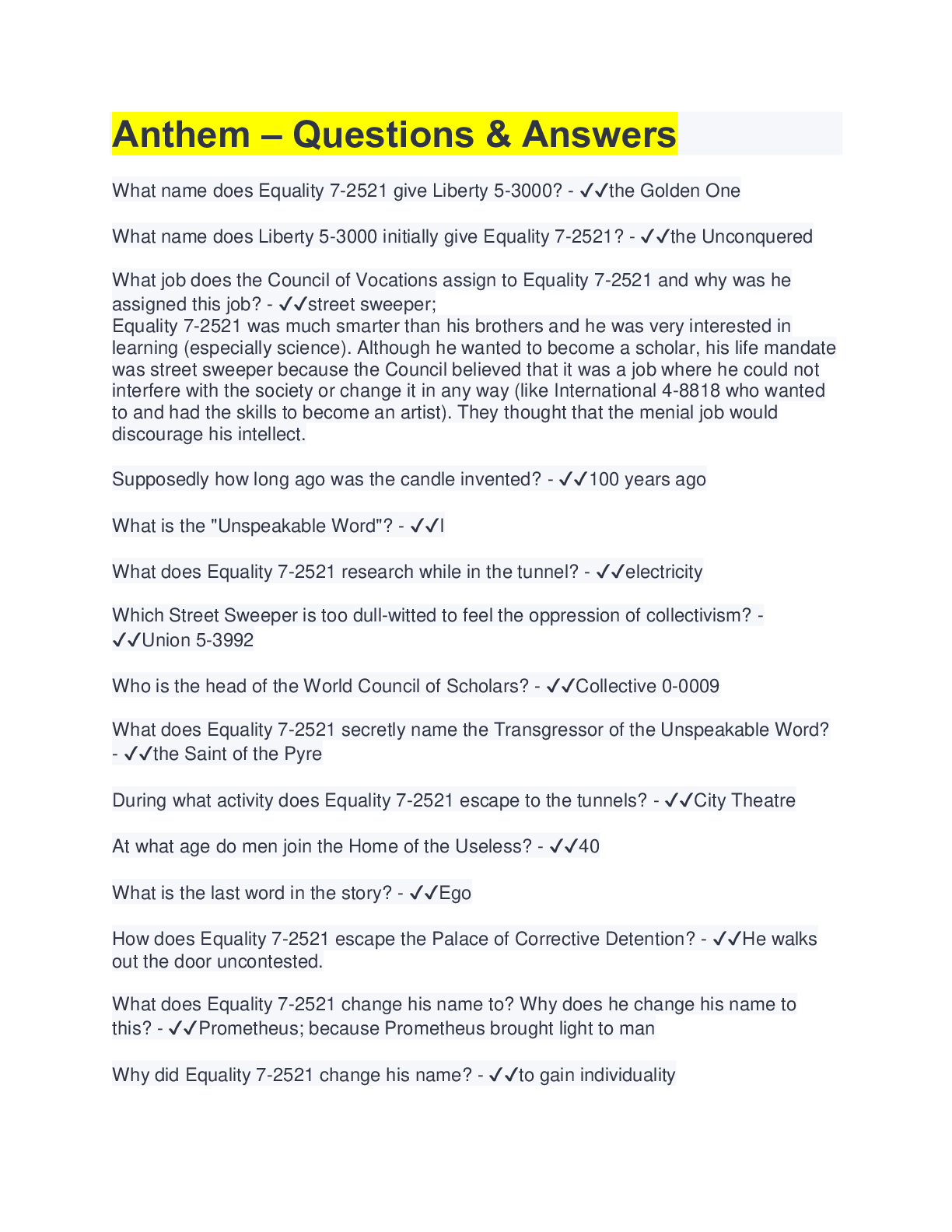 Anthem – Questions & Answers 100% correct - Scholarfriends
