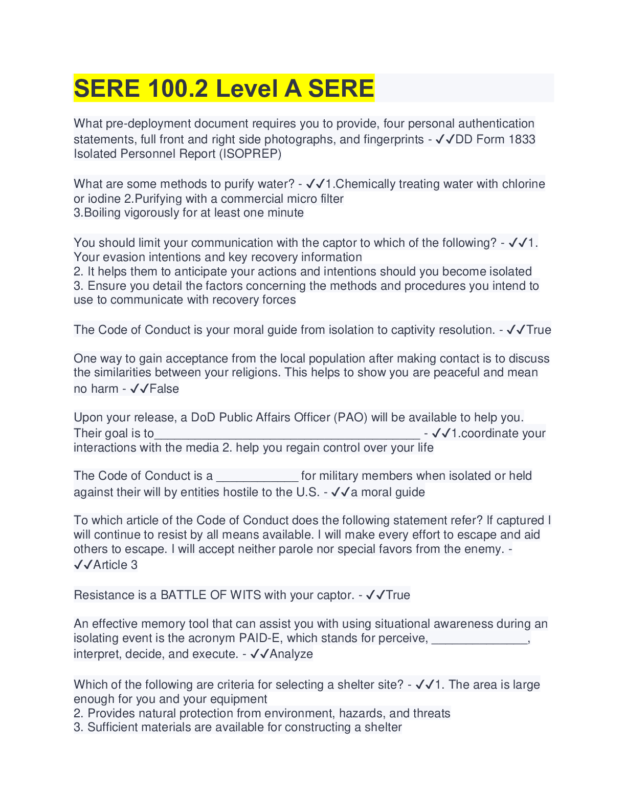 SERE 100.2 Level A SERE Education and Training in Support of the Code ...