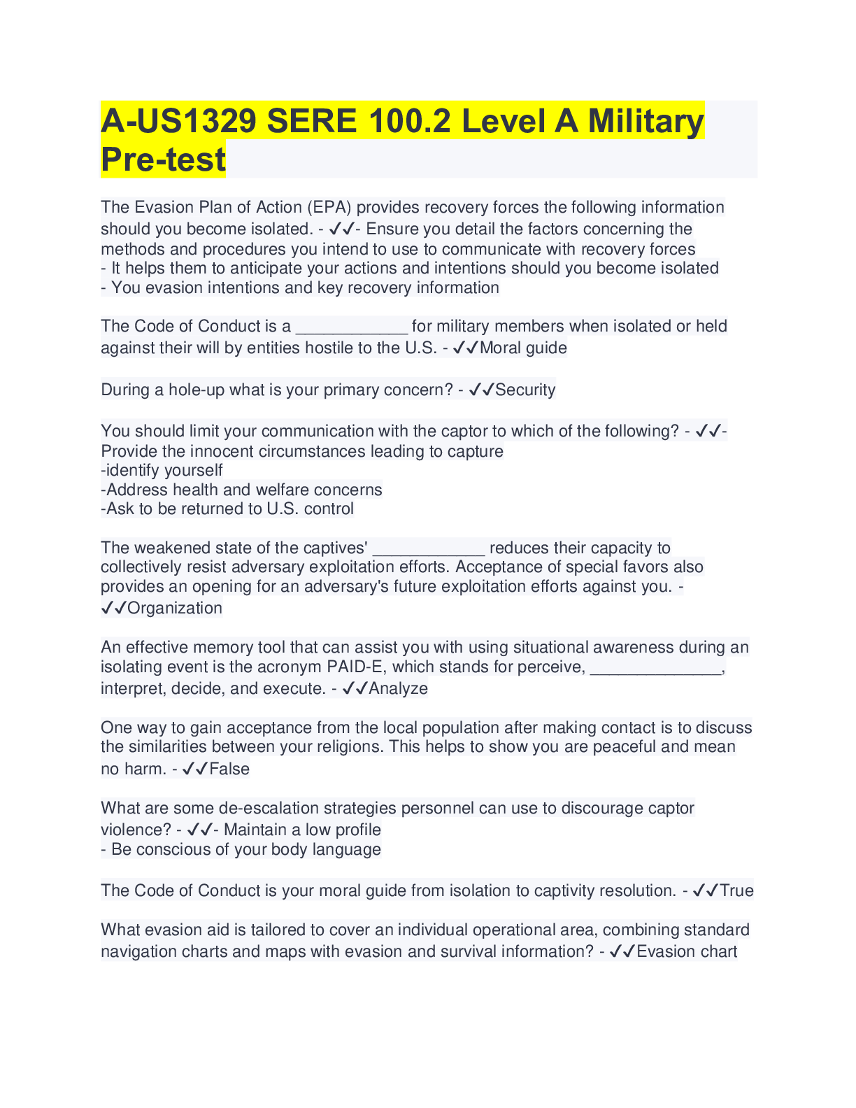 A-US1329 SERE 100.2 Level A Military Pre-test 2022 /2023 (questions ...