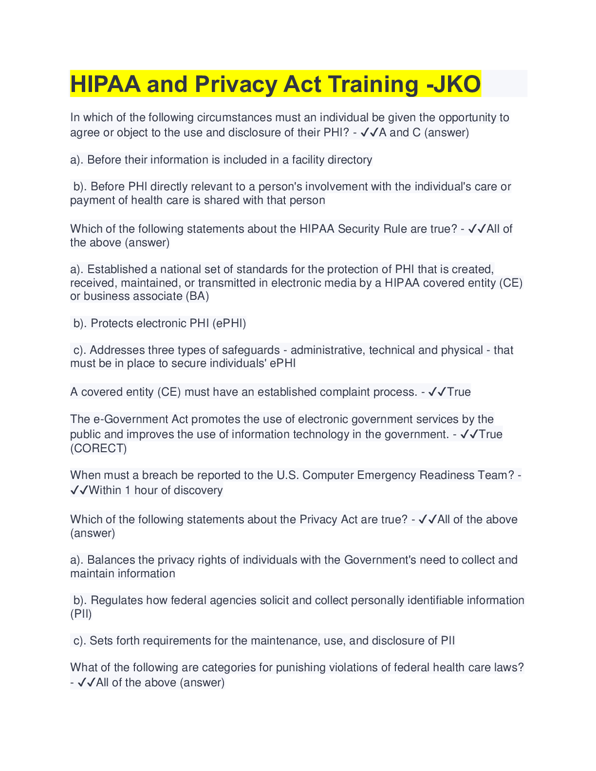 HIPAA and Privacy Act Training -JKO(QUESTIONS & 100% CORRECT ANSWERS ...