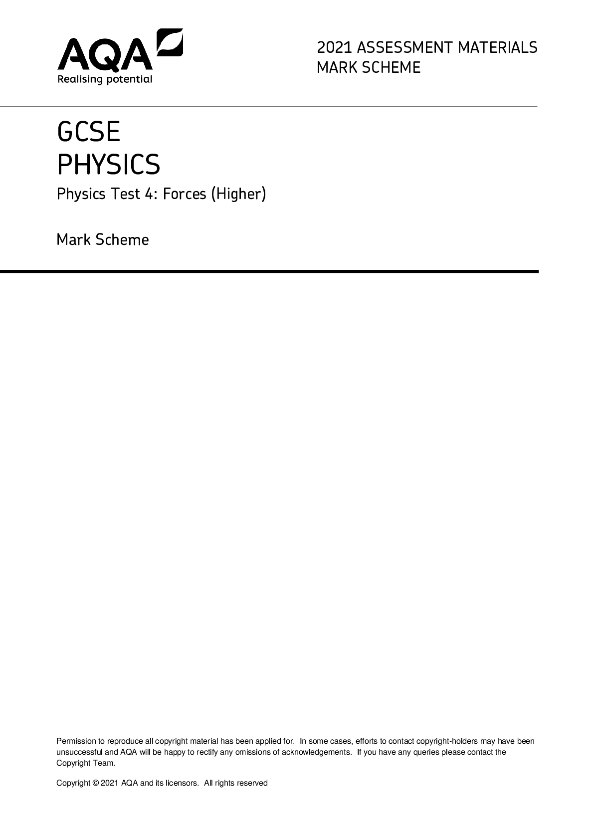 AQA GCSE PHYSICS 8463 Physics Test 4: Forces (Higher) Mark Scheme. 2021 ...