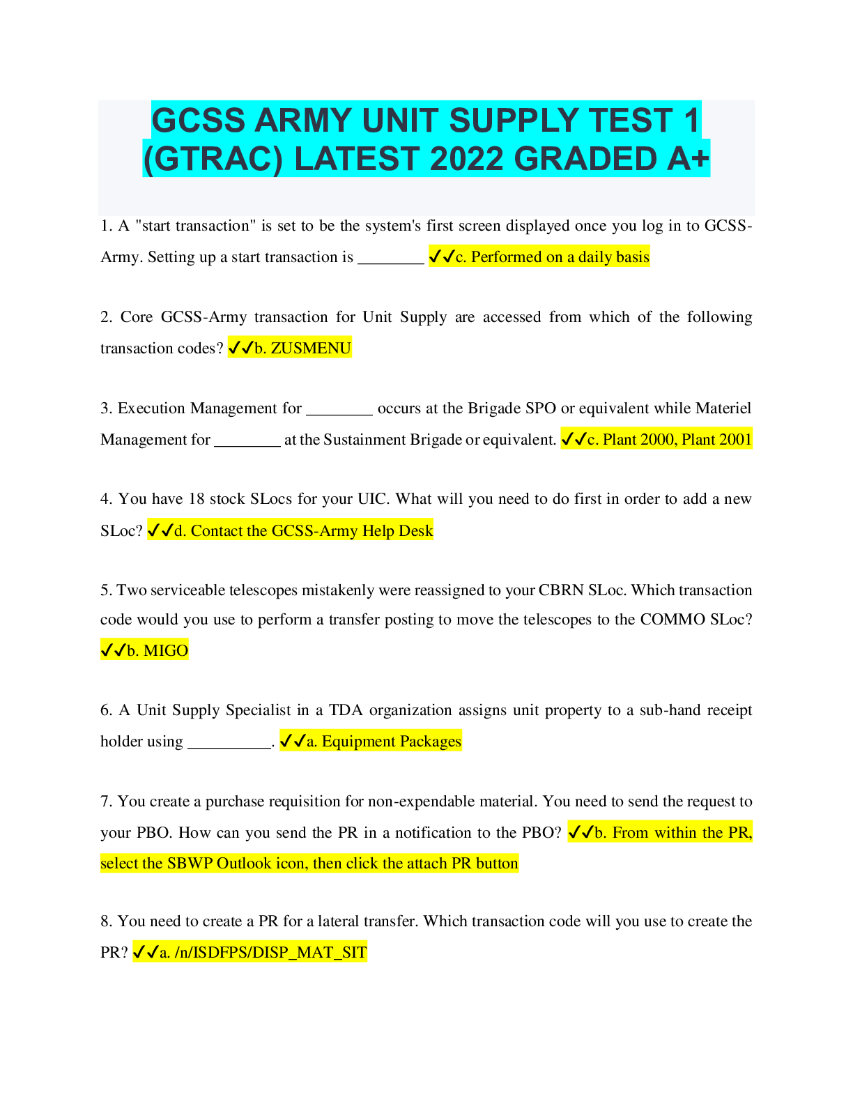 GCSS ARMY UNIT SUPPLY TEST 1 (GTRAC) LATEST 2022 GRADED A+ - Scholarfriends