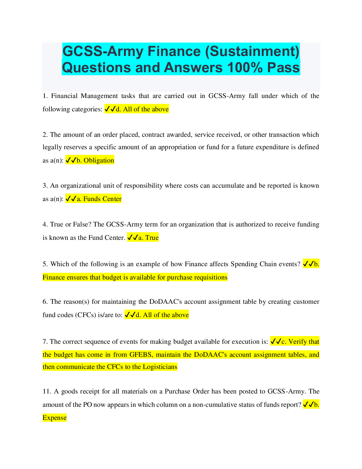 GCSS-Army Finance (Sustainment) Questions and Answers 100% Pass ...