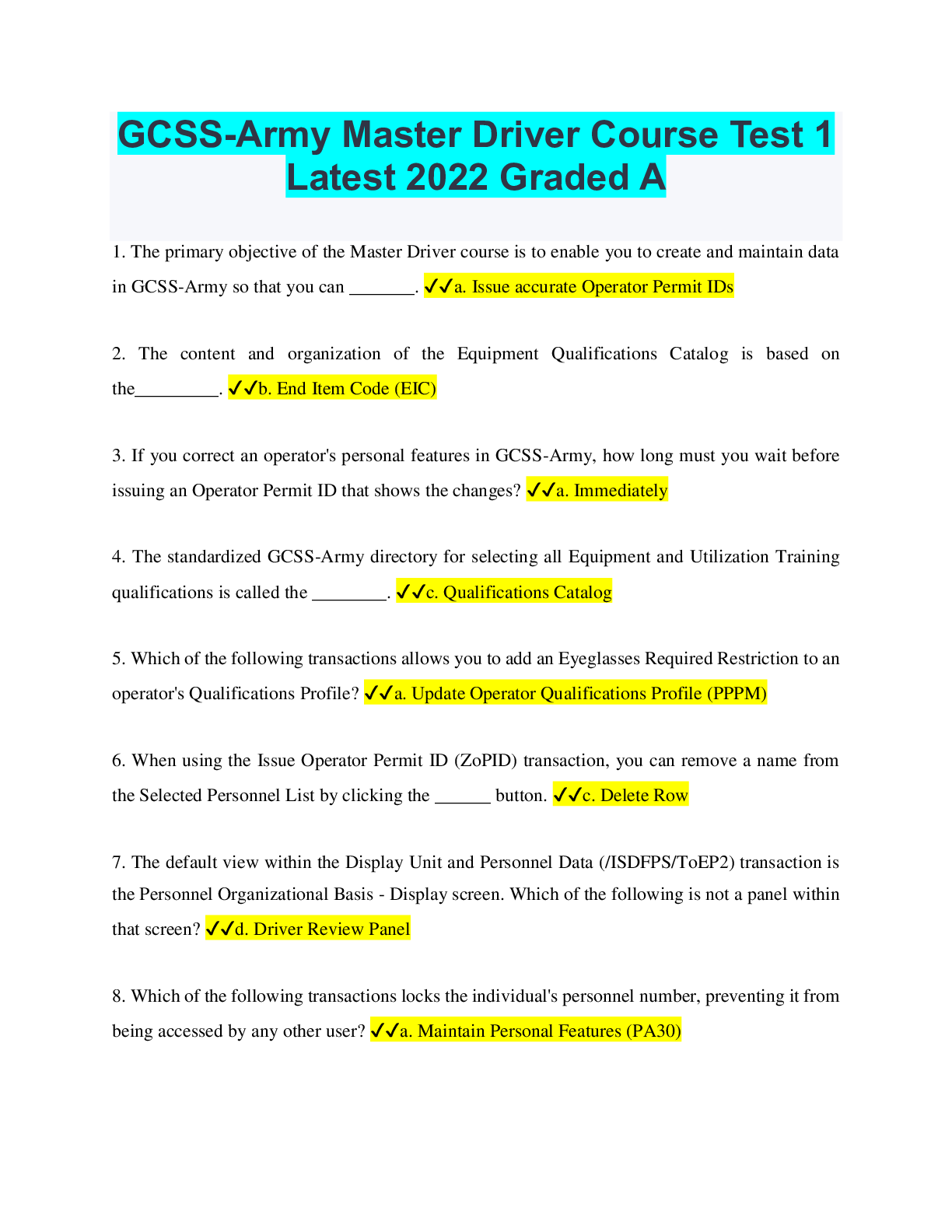 GCSS-Army Master Driver Course Test 1 Latest 2022 Graded A - Scholarfriends