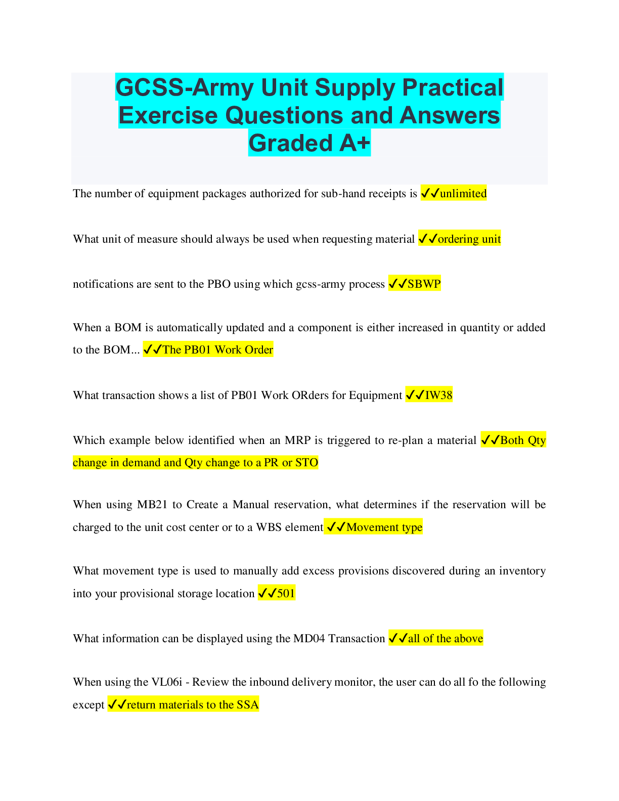 GCSS-Army Unit Supply Practical Exercise Questions and Answers Graded ...