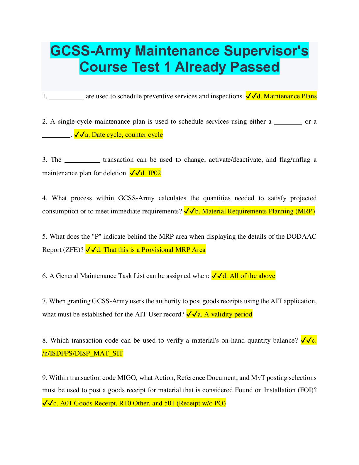 GCSS-Army Maintenance Supervisor's Course Test 1 Already Passed ...