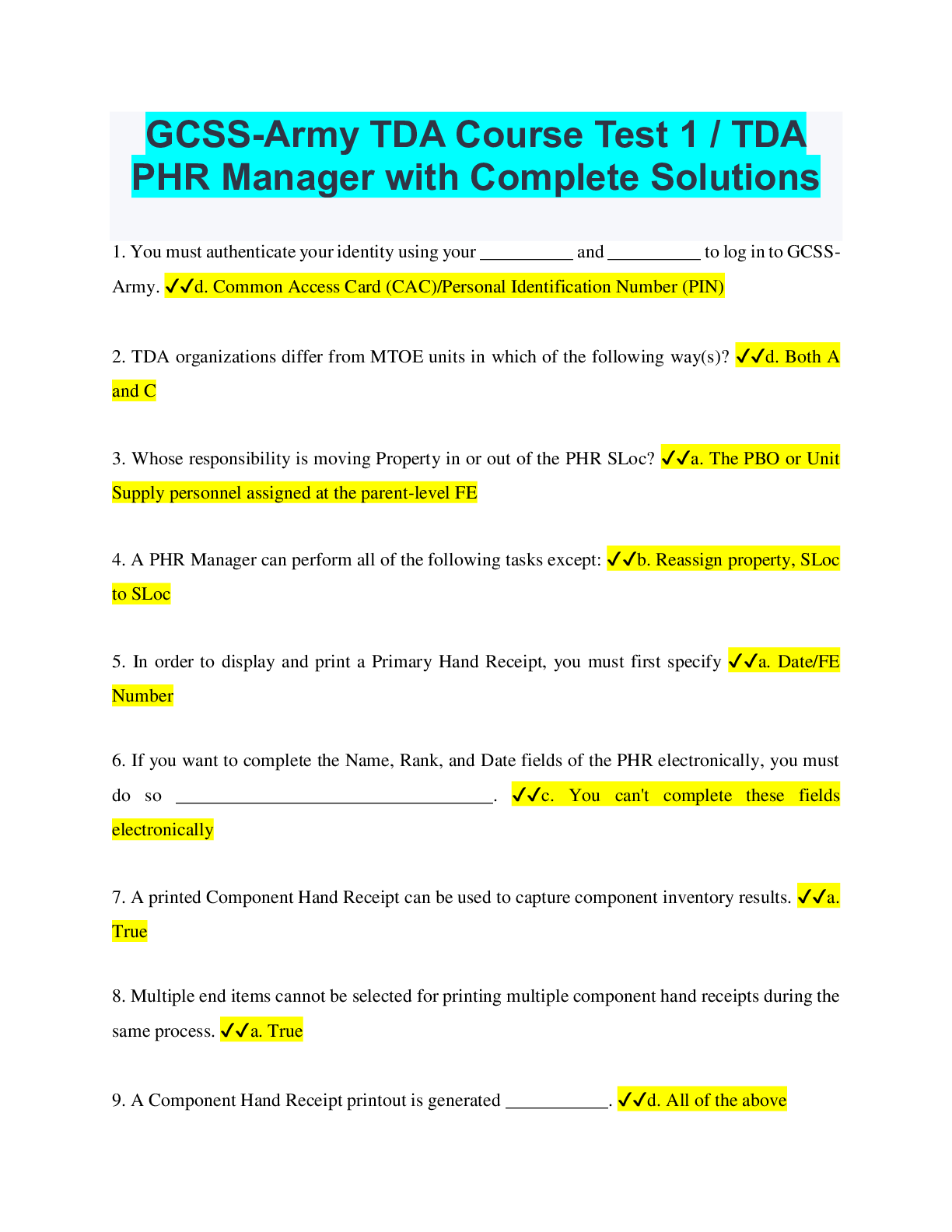 GCSS-Army TDA Course Test 1 / TDA PHR Manager with Complete Solutions ...