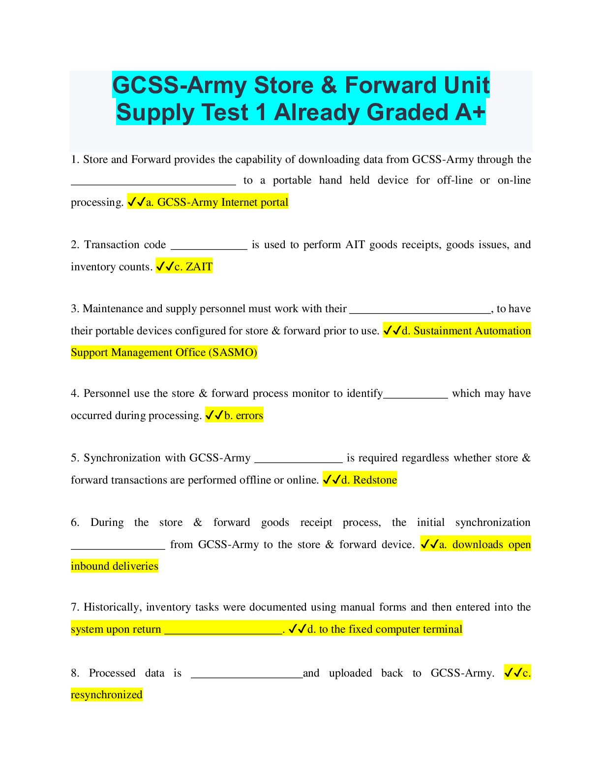 GCSS-Army Store & Forward Unit Supply Test 1 Already Graded A+ ...