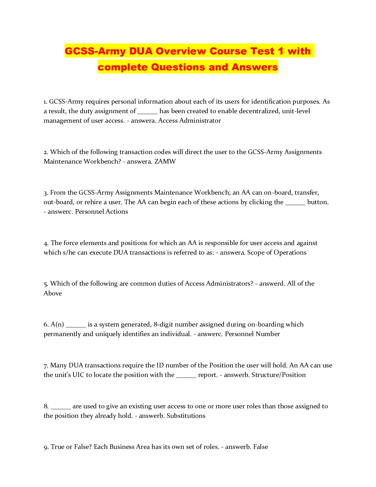 GCSS-Army DUA Overview Course Test 1 with complete Questions and ...
