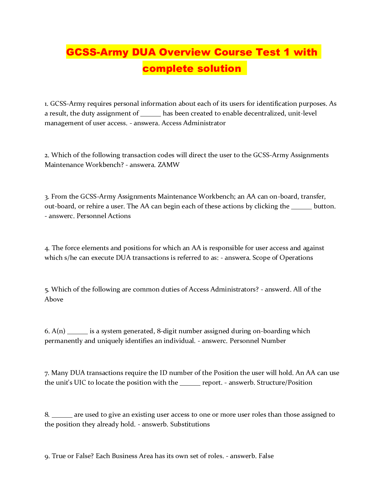 GCSS-Army DUA Overview Course Test 1 with complete solution ...