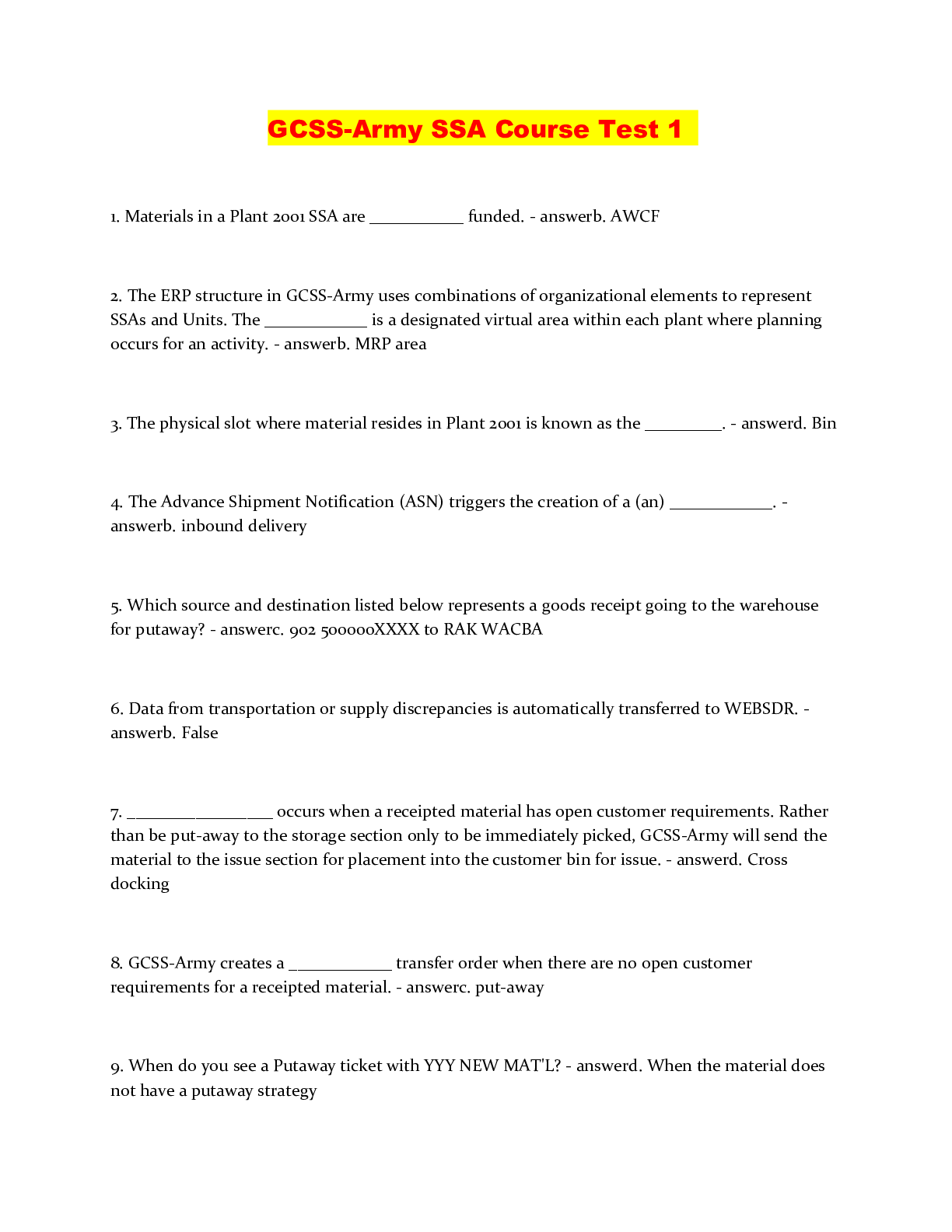 GCSS-Army SSA Course Test 1 - Scholarfriends