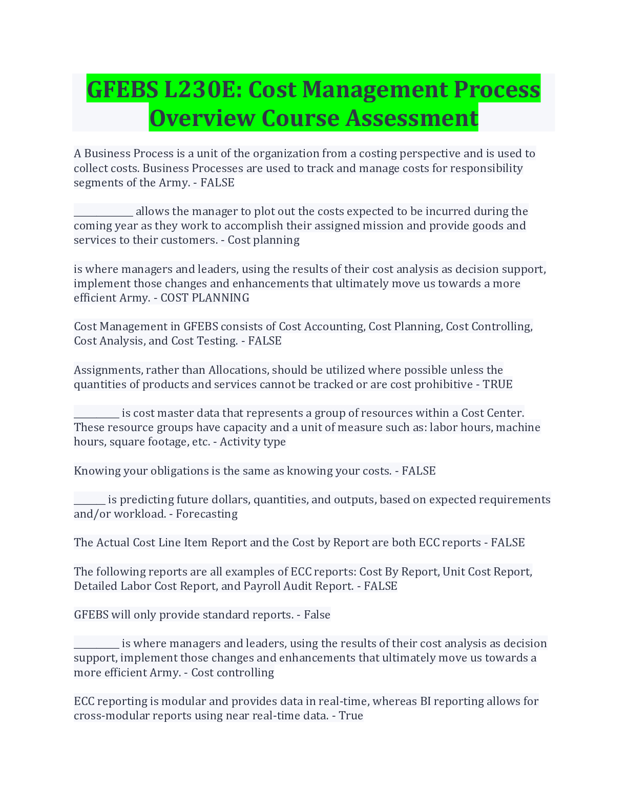 GFEBS L230E Cost Management Process Overview Course Assessment ...