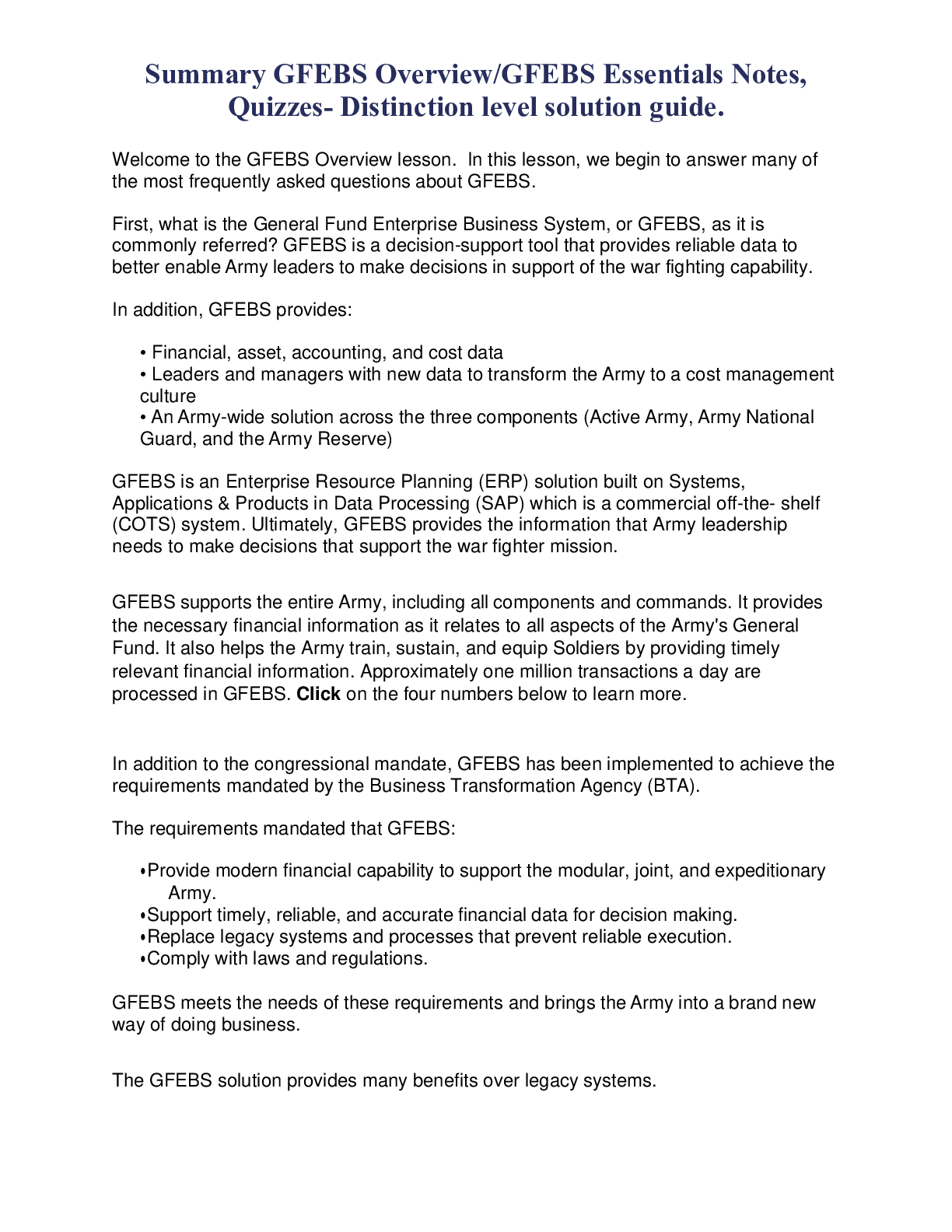 Summary GFEBS Overview/GFEBS Essentials Notes, Quizzes- Distinction ...