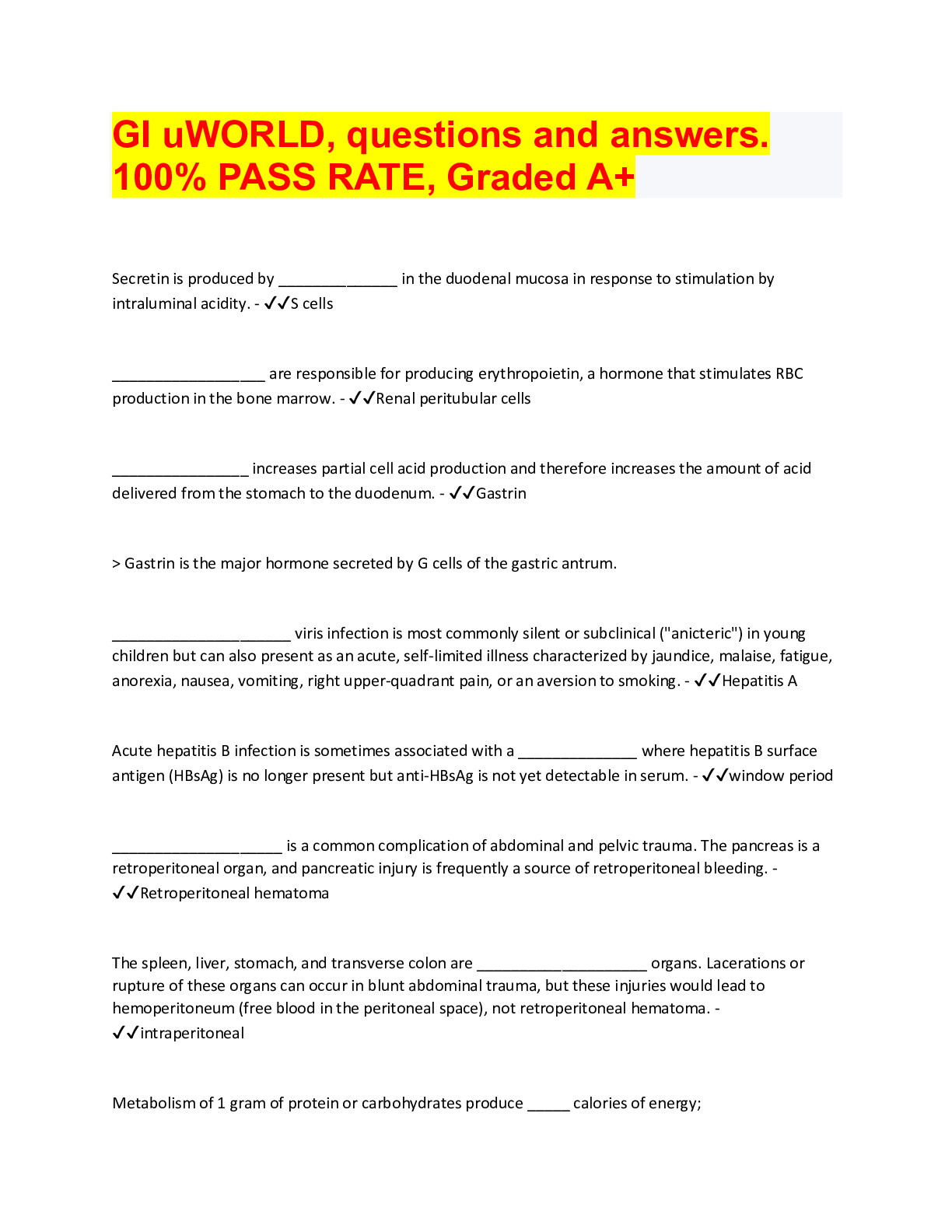 GI uWORLD, questions and answers. 100% PASS RATE, Graded A+ ...
