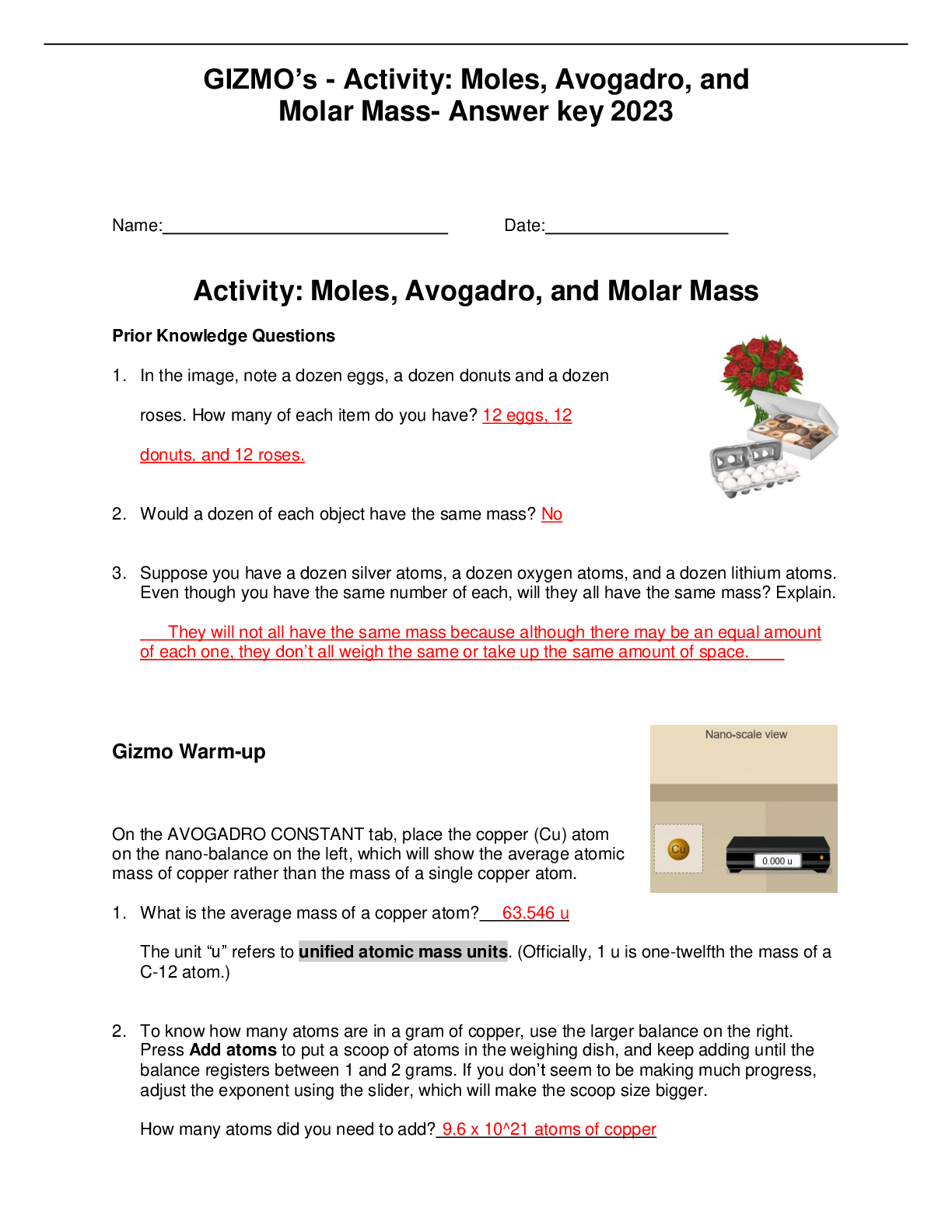 GIZMO’s - Activity: Moles, Avogadro, and Molar Mass- Answer key 2023 ...