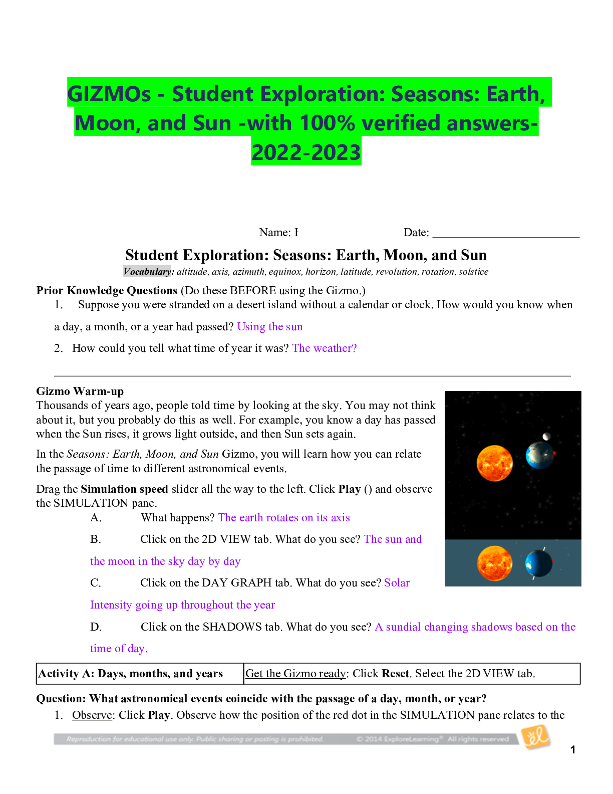 GIZMOs - Student Exploration: Seasons: Earth, Moon, and Sun -with 100% ...