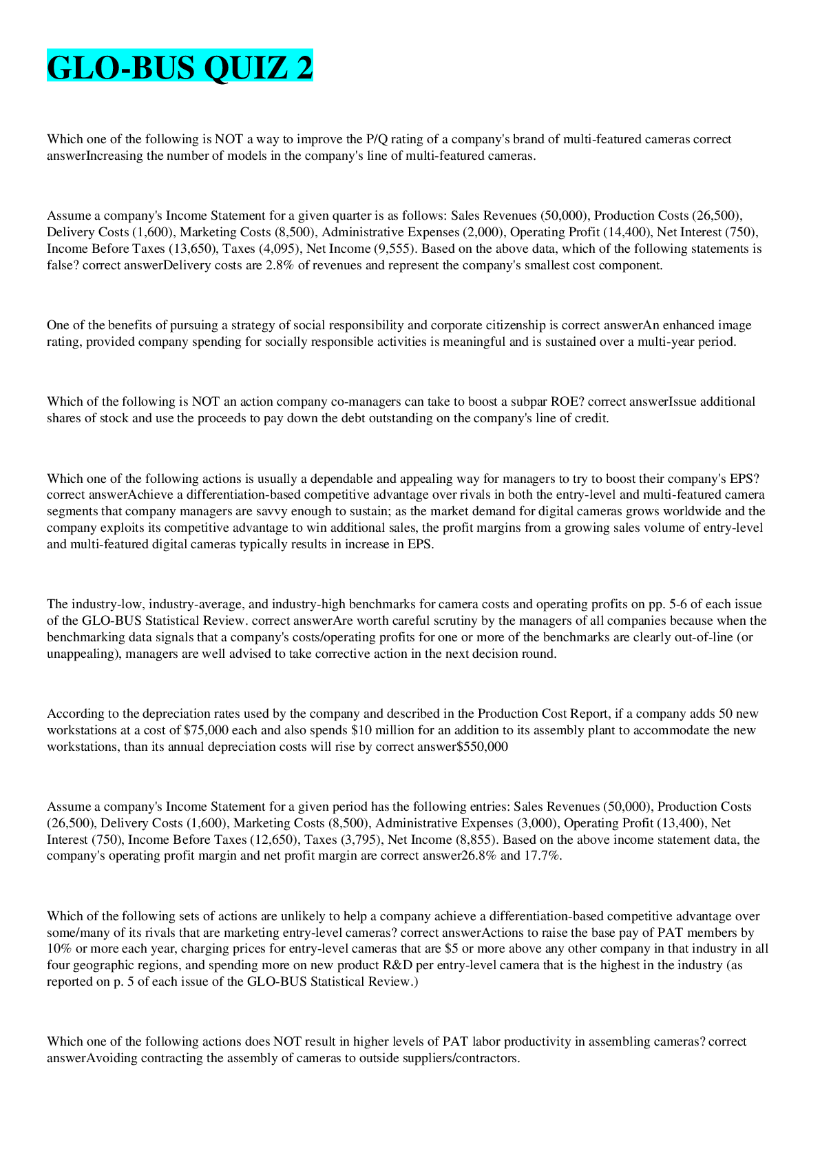 Glo-bus Quiz 2 2022/2023 with complete solutions - Scholarfriends