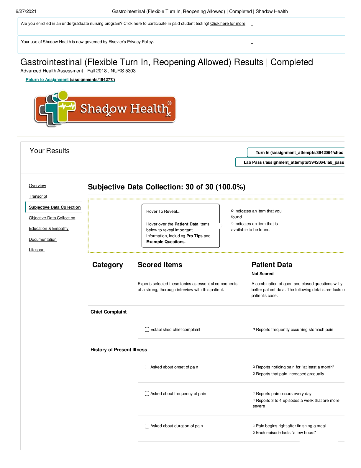 Gastrointestinal Tina Jones Subjective Data Collection Shadow Health ...