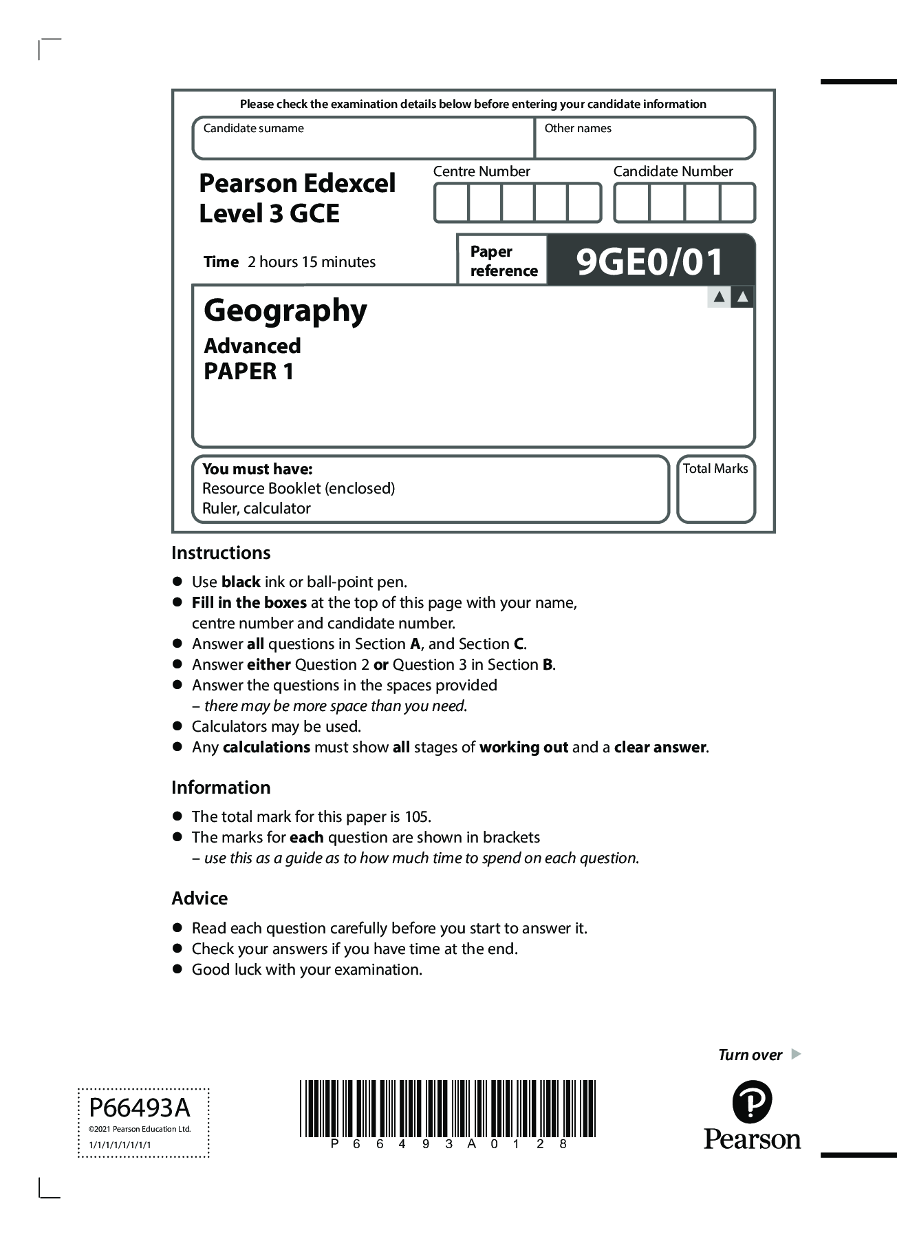 Pearson Edexcel_Geography_9GE0/01 Question Paper 2021 | PAPER 1 ...
