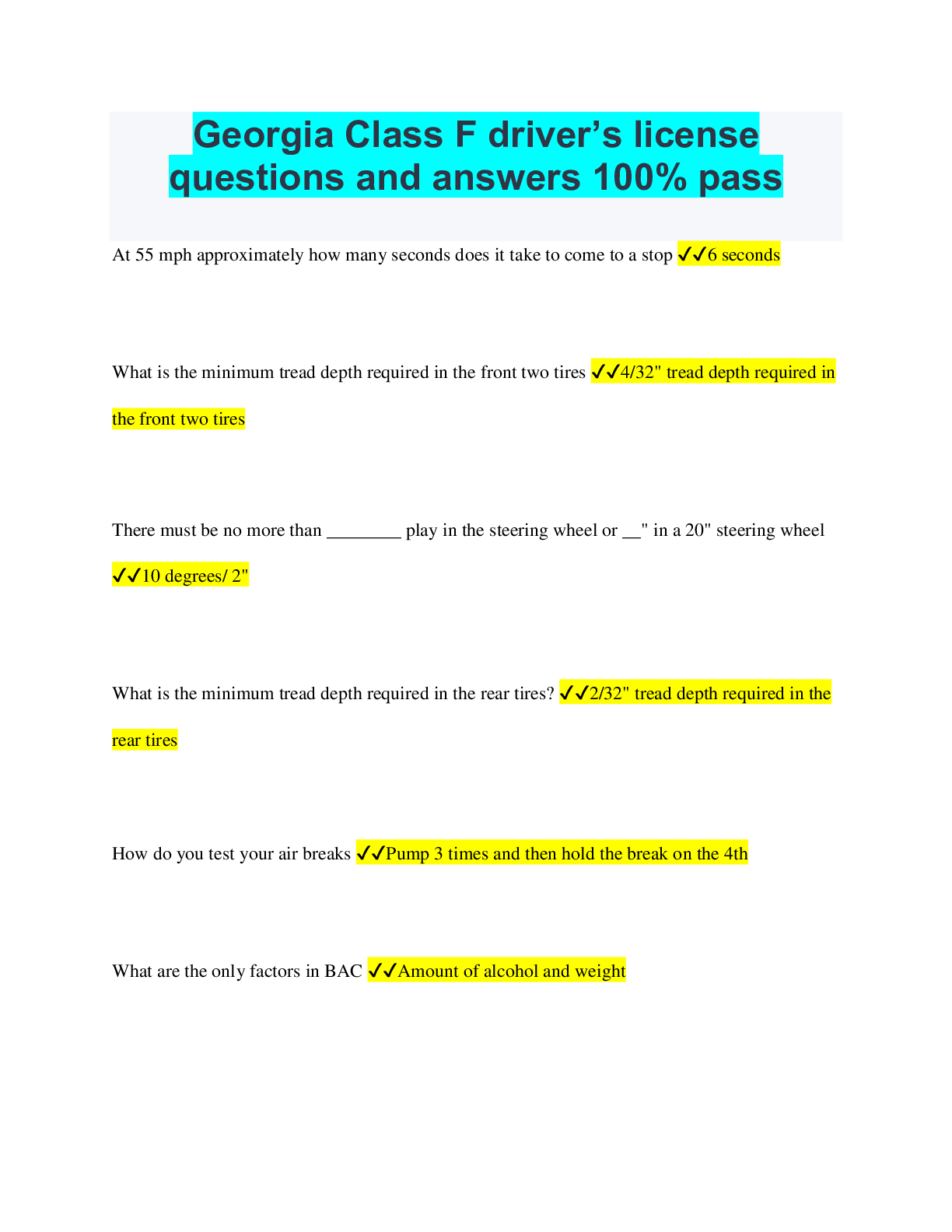 Georgia Class F driver’s license questions and answers 100% pass ...