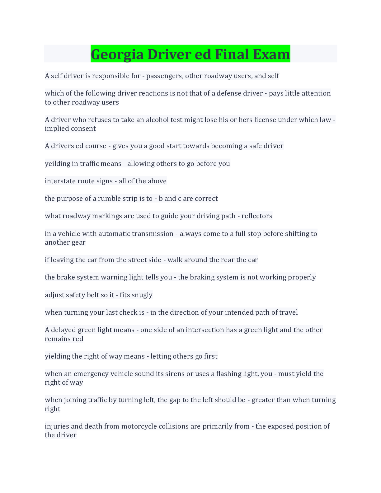 Georgia Driver ed Final Exam Questions And Answers - Scholarfriends