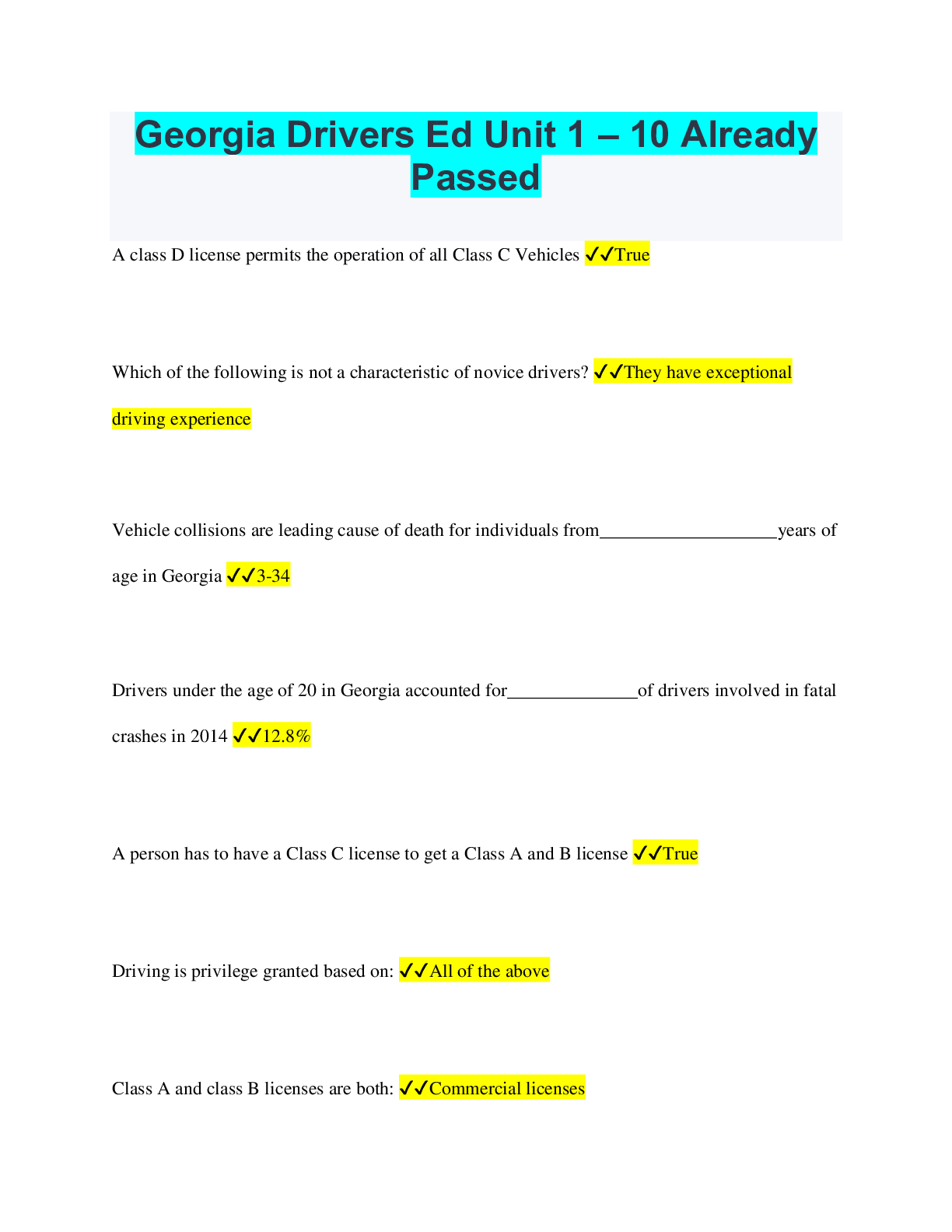 Georgia Drivers Ed Unit 1 – 10 Already Passed - Scholarfriends