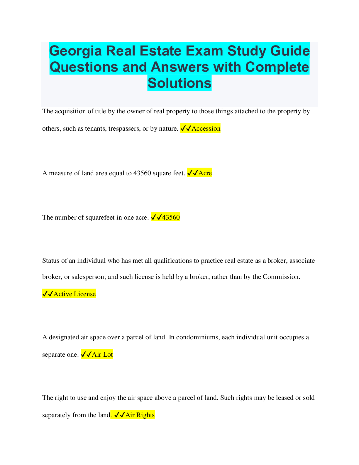 Georgia Real Estate Exam Study Guide Questions and Answers with ...