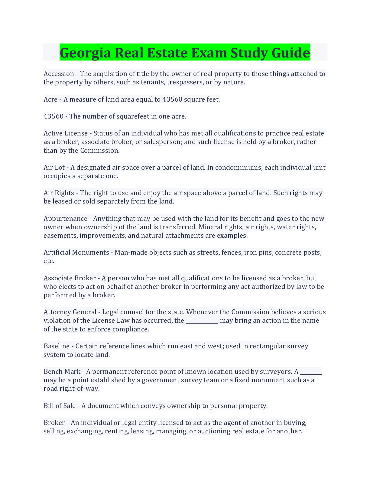 Georgia Real Estate Exam Study Guide 100% Correct - Scholarfriends