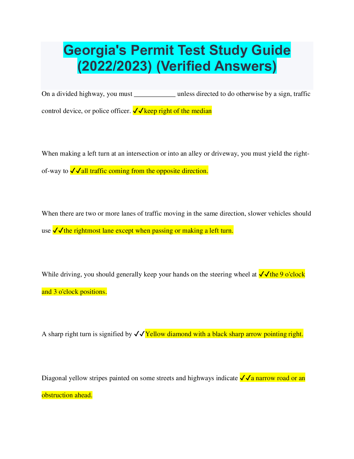 Georgia's Permit Test Study Guide (2022/2023) (Verified Answers ...