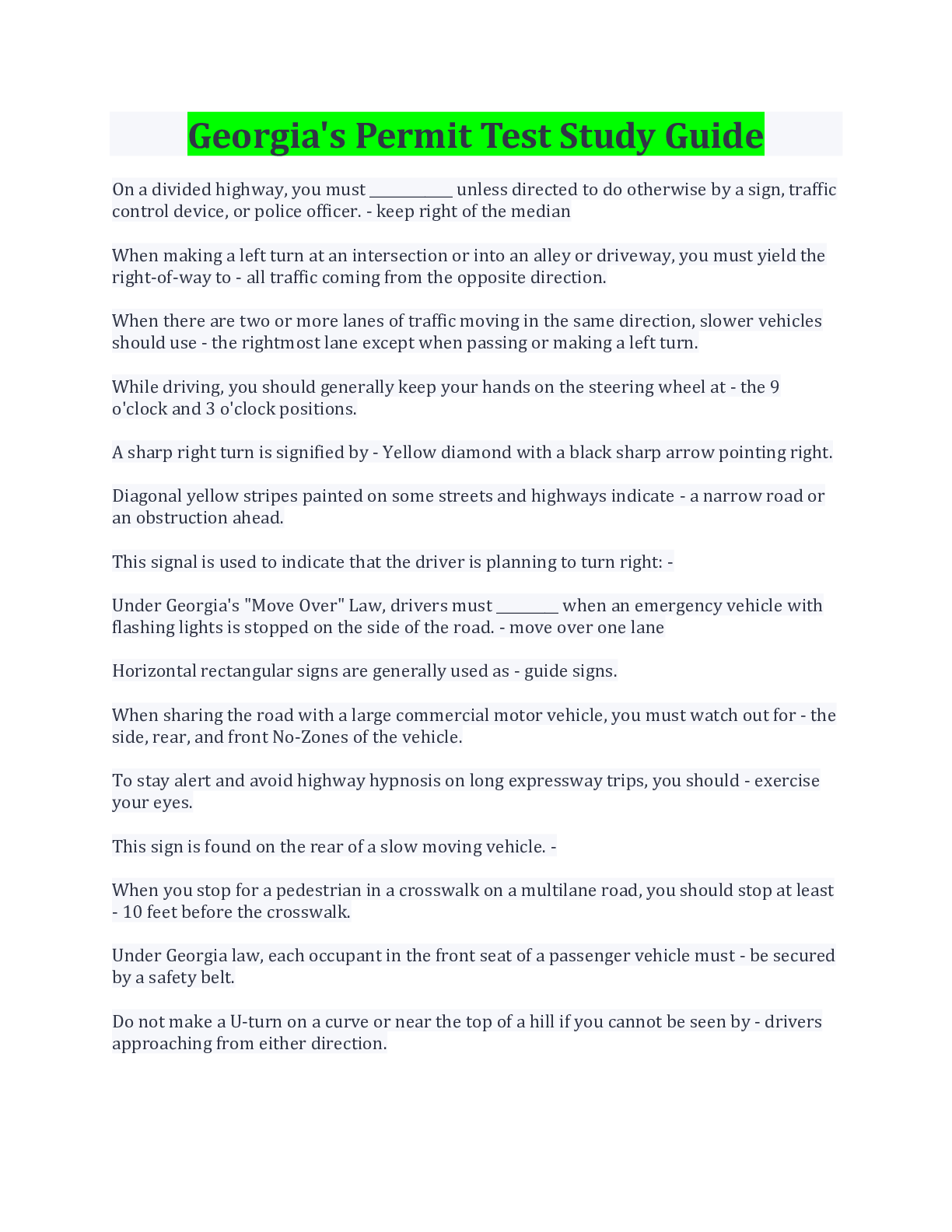 Georgia's Permit Test Study Guide Latest Update - Scholarfriends