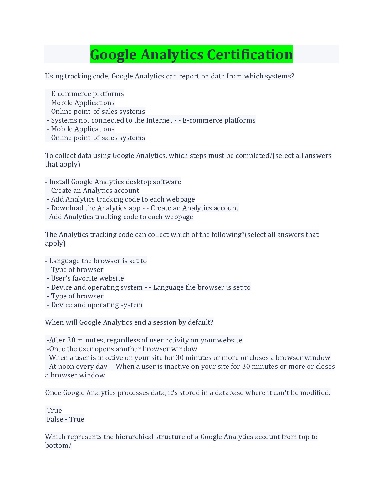 Google Analytics Certification Exam With Complete Solution - Scholarfriends